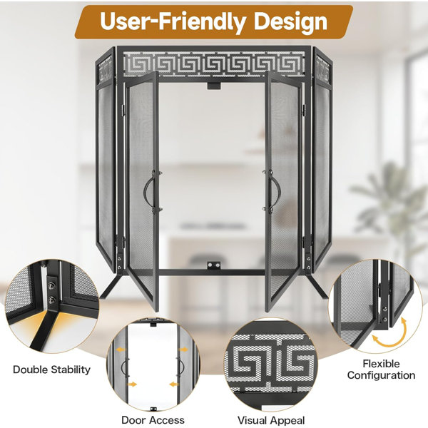Mercer41 3 Panel Fireplace Doors With Screen Heavy-Duty Fireplace Spark ...