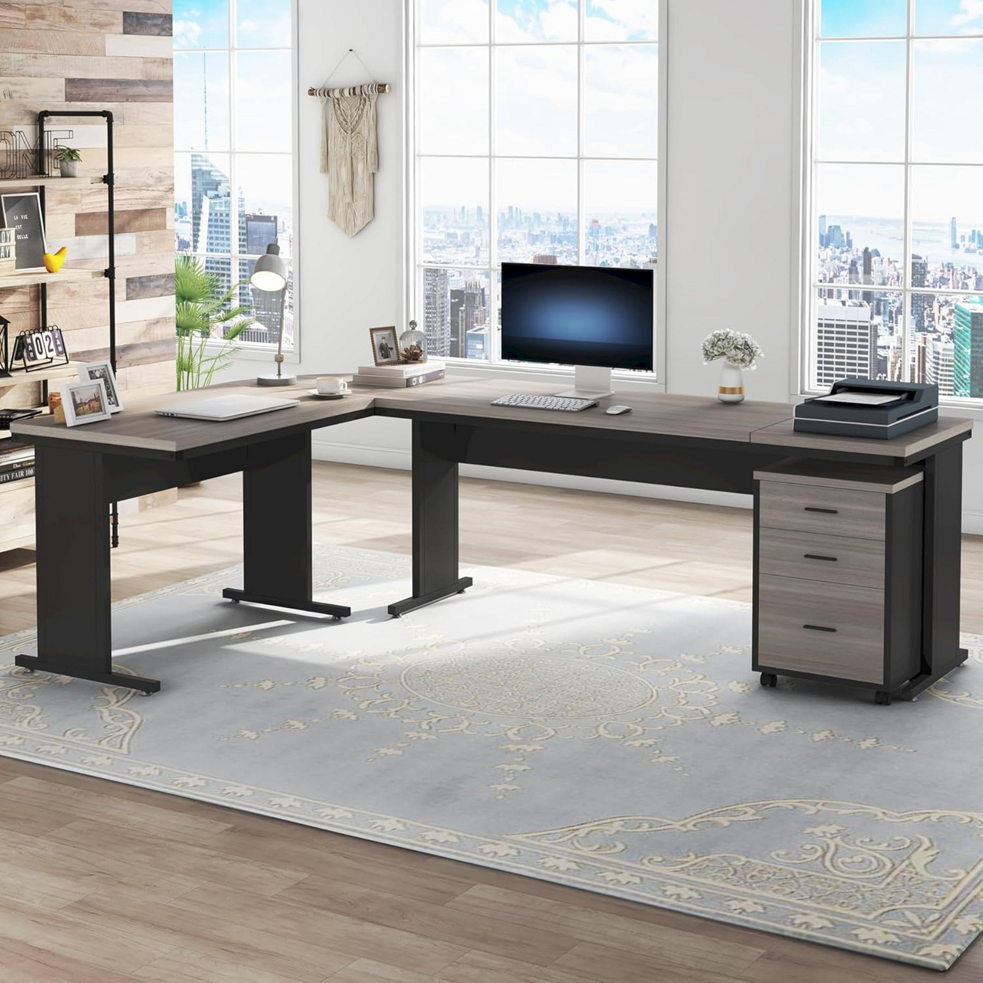 Latitude Run® Shaped Executive Desk, Large Industrial Corner Computer ...