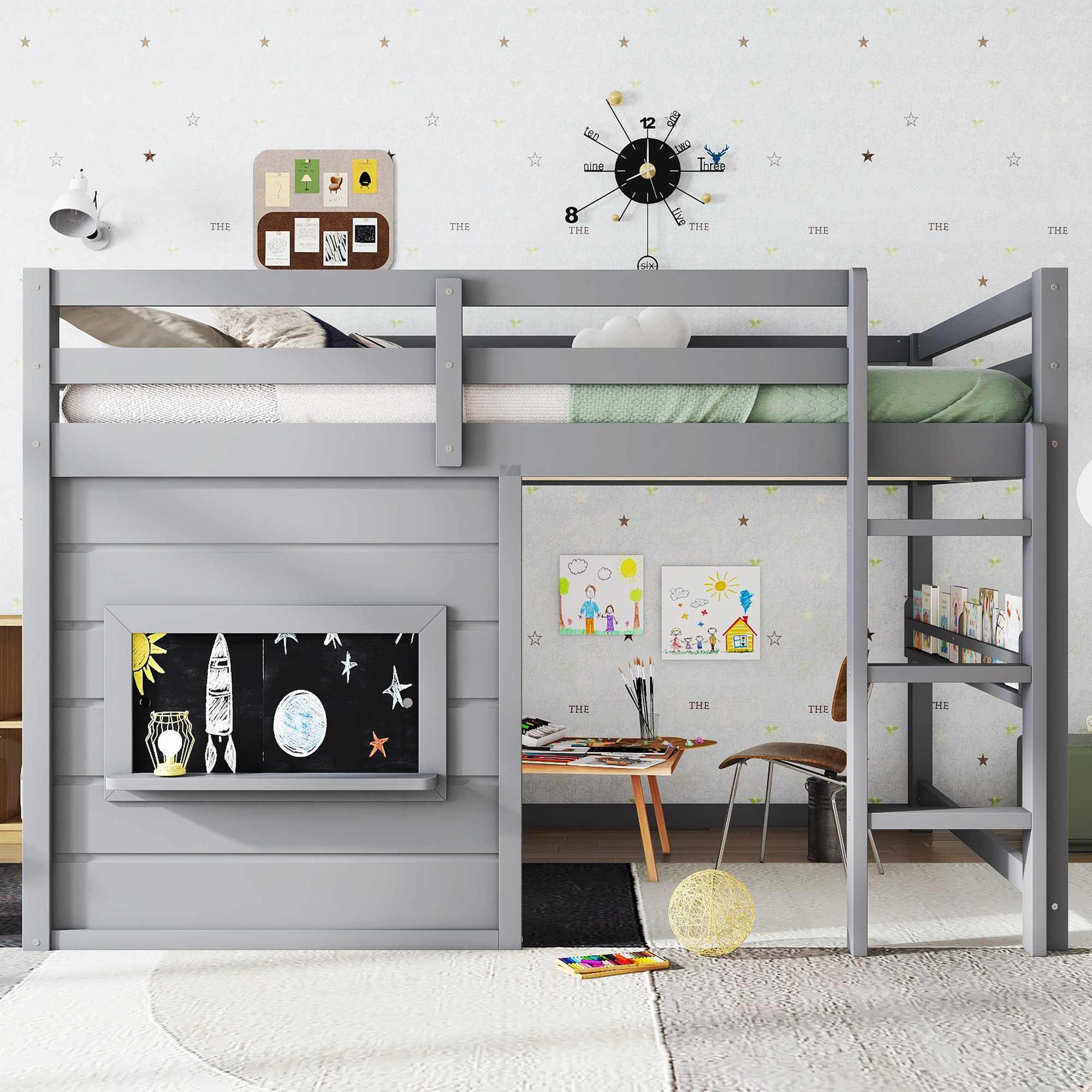 Harriet Bee Loft Bed with Slide, Built-in Chalkboard, Bookshelf ...