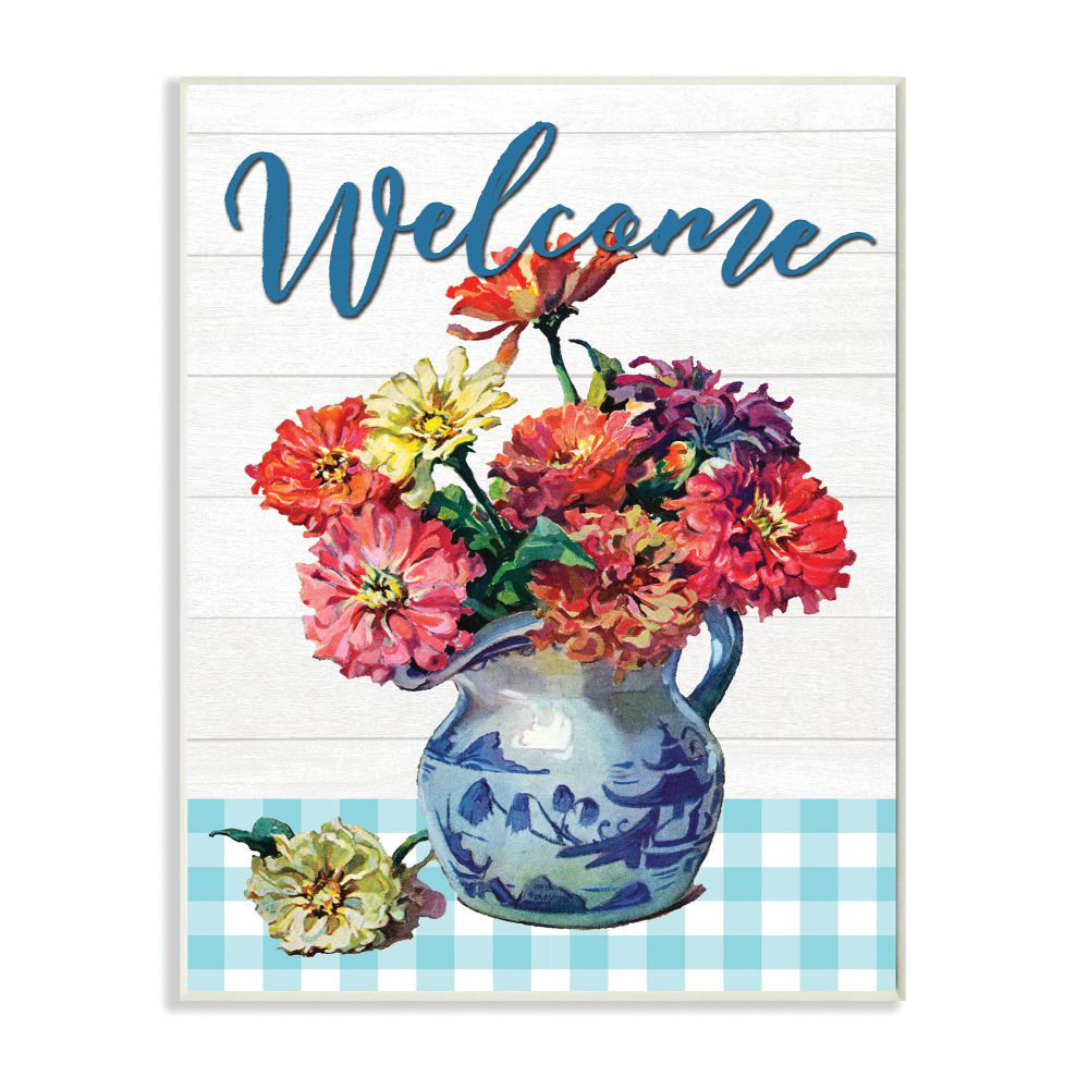 August Grove 'Welcome Flower Pot Blue Plaid Rustic' Graphic Art Print ...