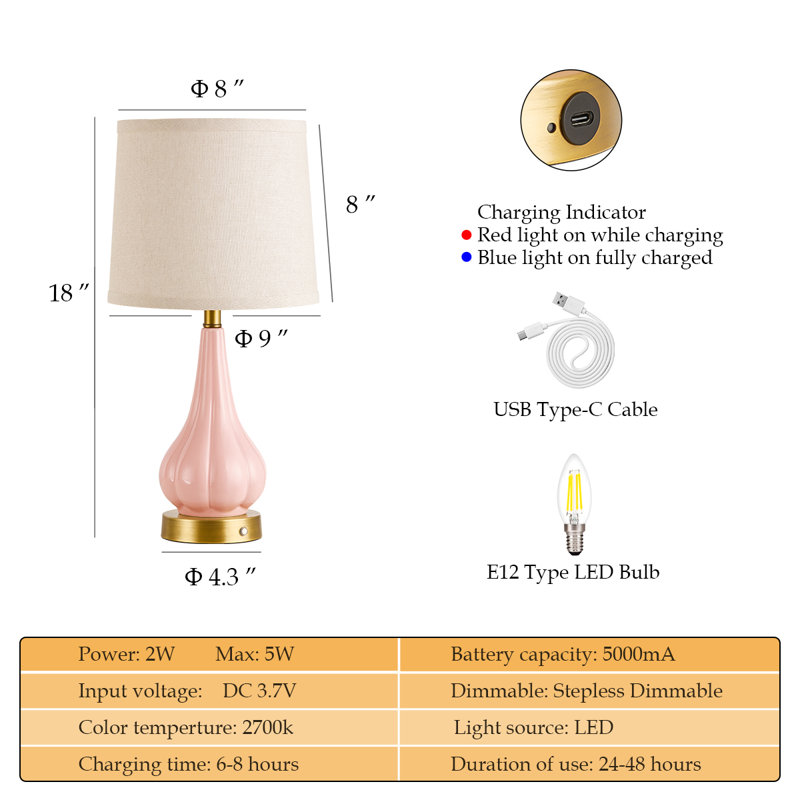 Everly Quinn 18” Pink Rechargeable Ceramic Lamp With Golden Base(Set Of ...