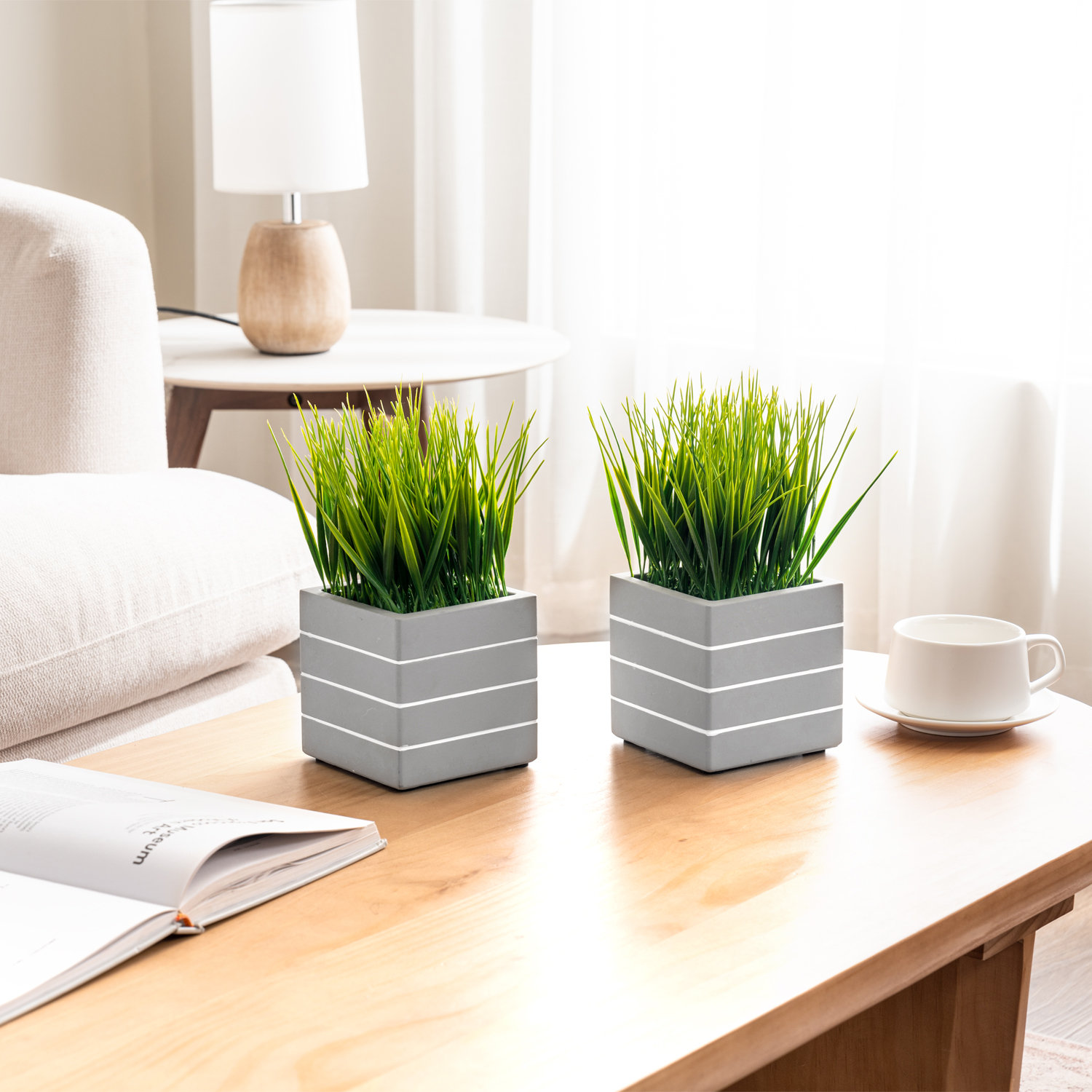 Primrue 2 Piece Fake Grass Plants In Cement Pot Planter | Wayfair