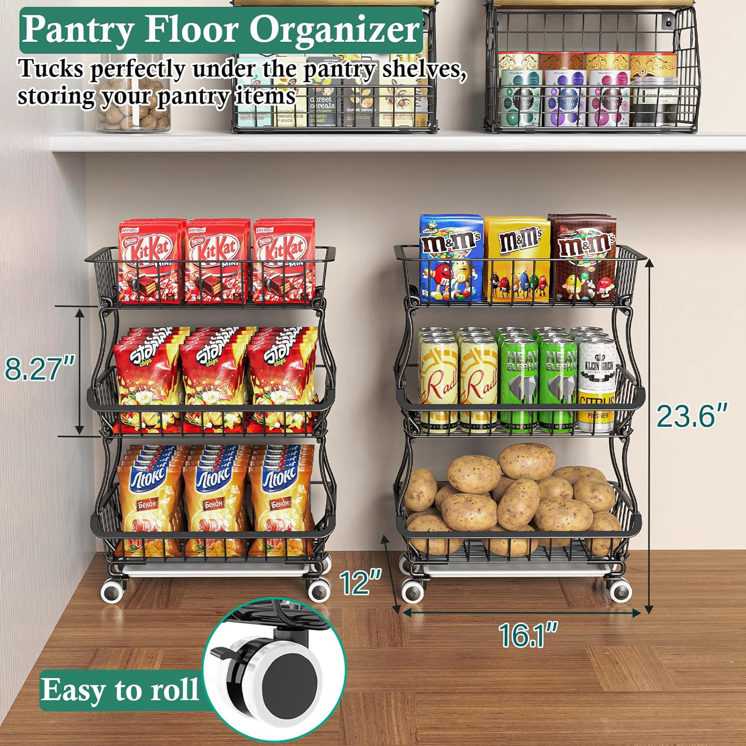LinsCraft 3-Tier Rolling Pantry Floor Organizers And Storage Cart With ...