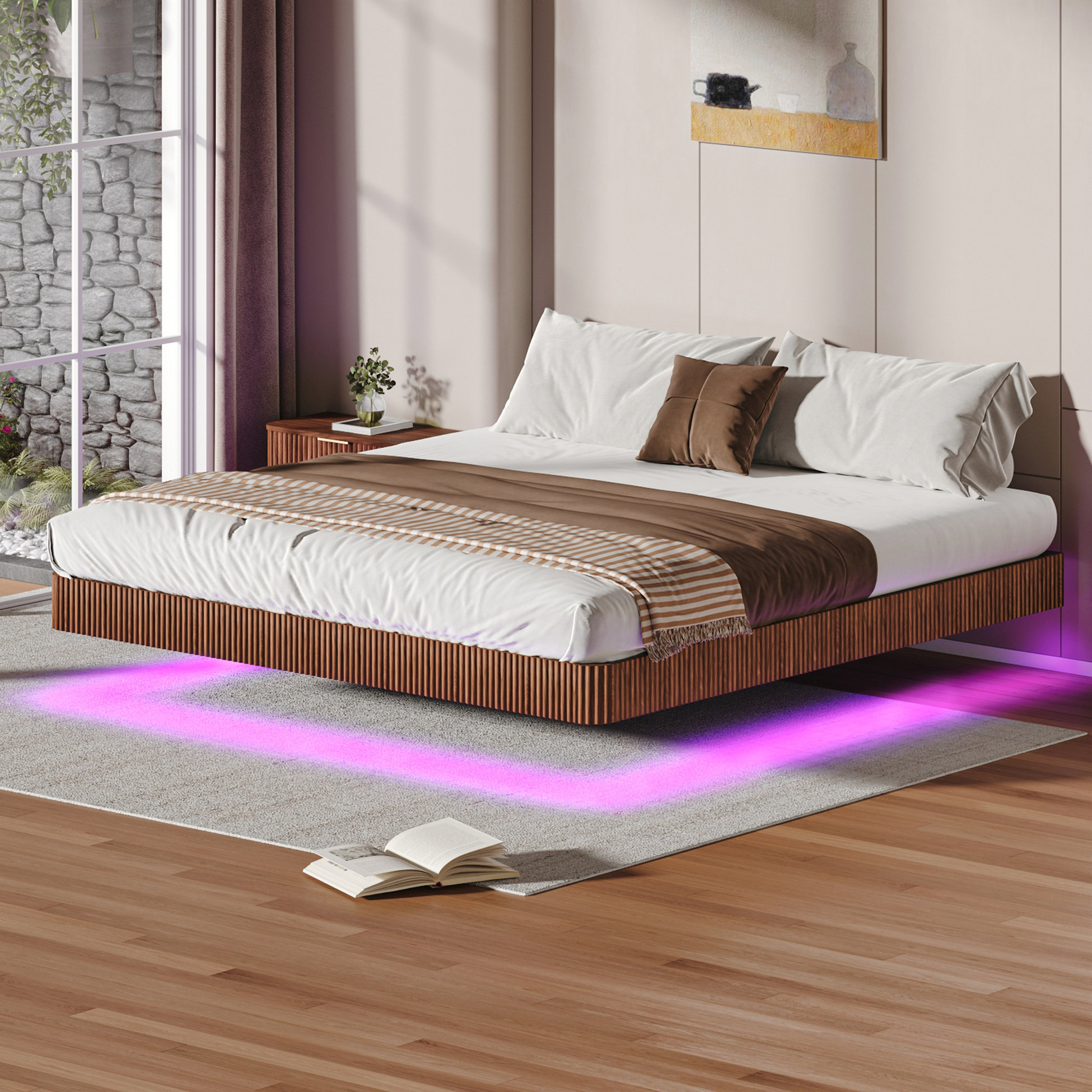Latitude Run® King Floating Bed Frame With LED Lights, Wave Curve Wood ...