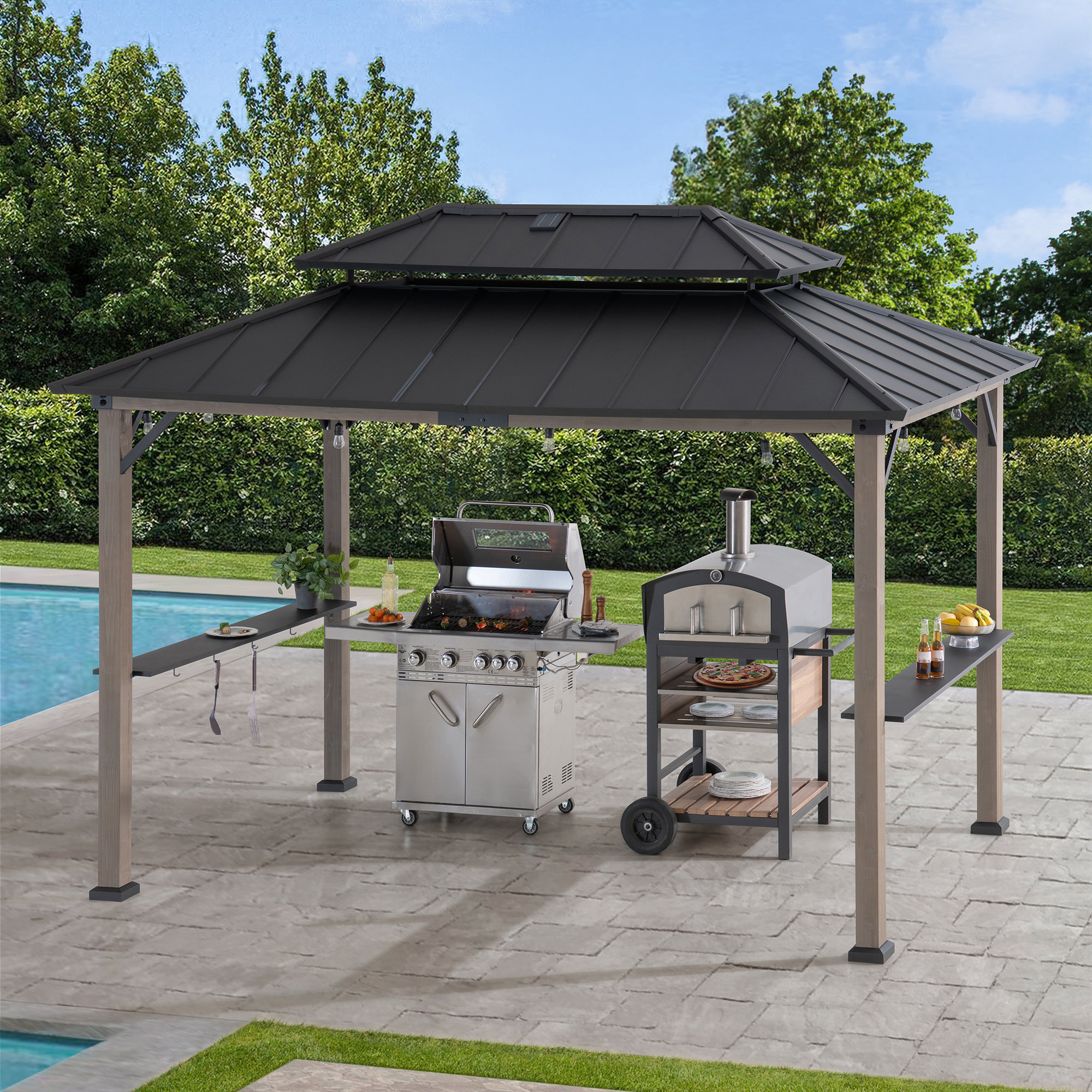 Sunjoy Wooden Grill Gazebo, 8 x 12 ft. Steel Hardtop Gazebo with Solar ...