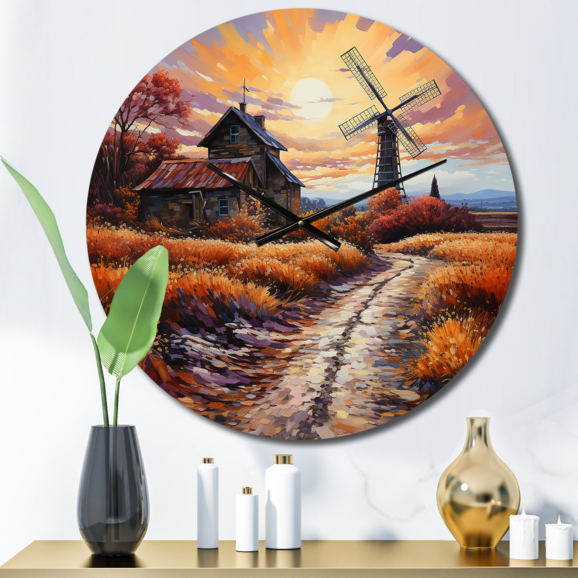 East Urban Home Barn Rural Reverie Pointillism - Countryside Wall Clock ...