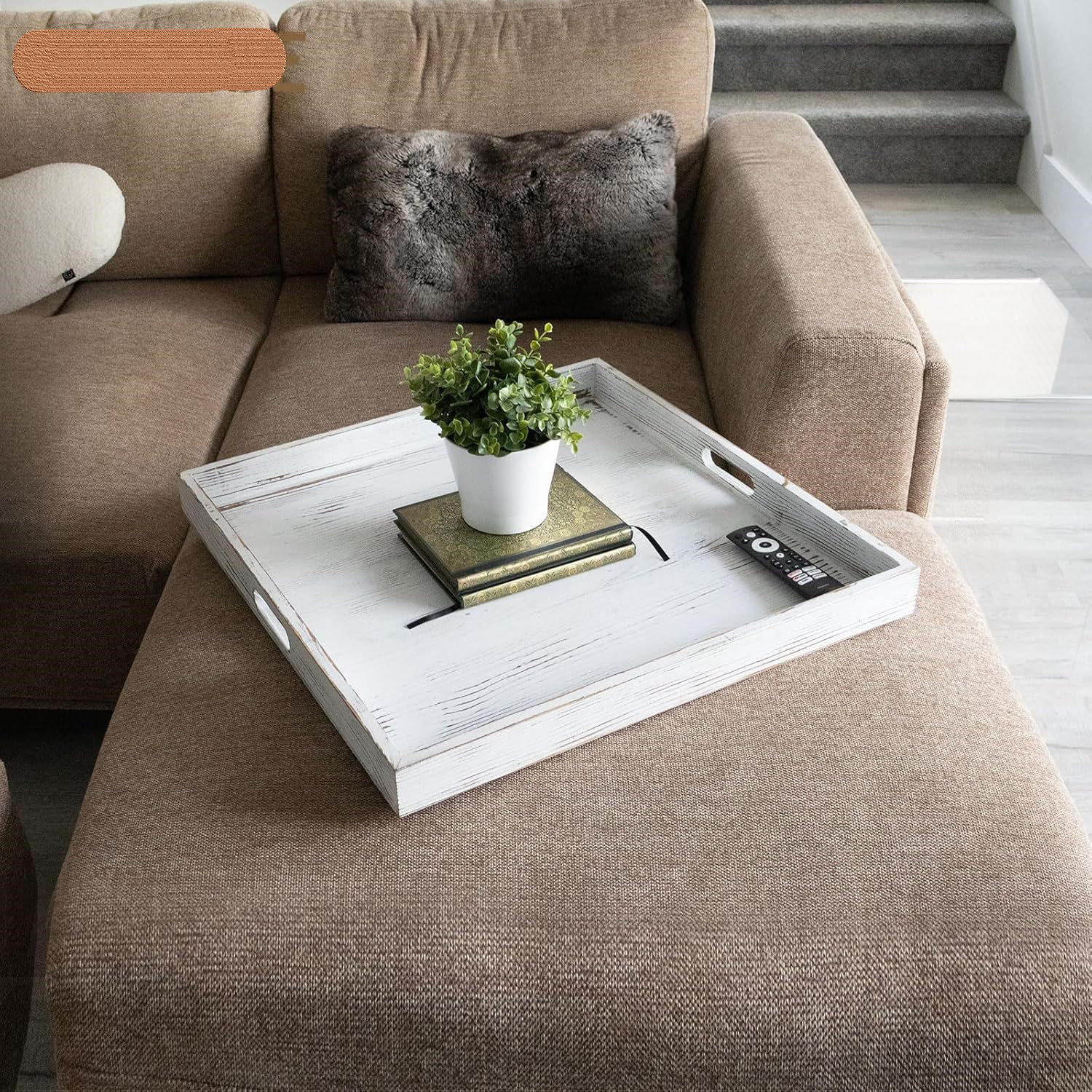 INSALER Extra Large Serving Tray With Handles Rustic Wood Whitewash ...