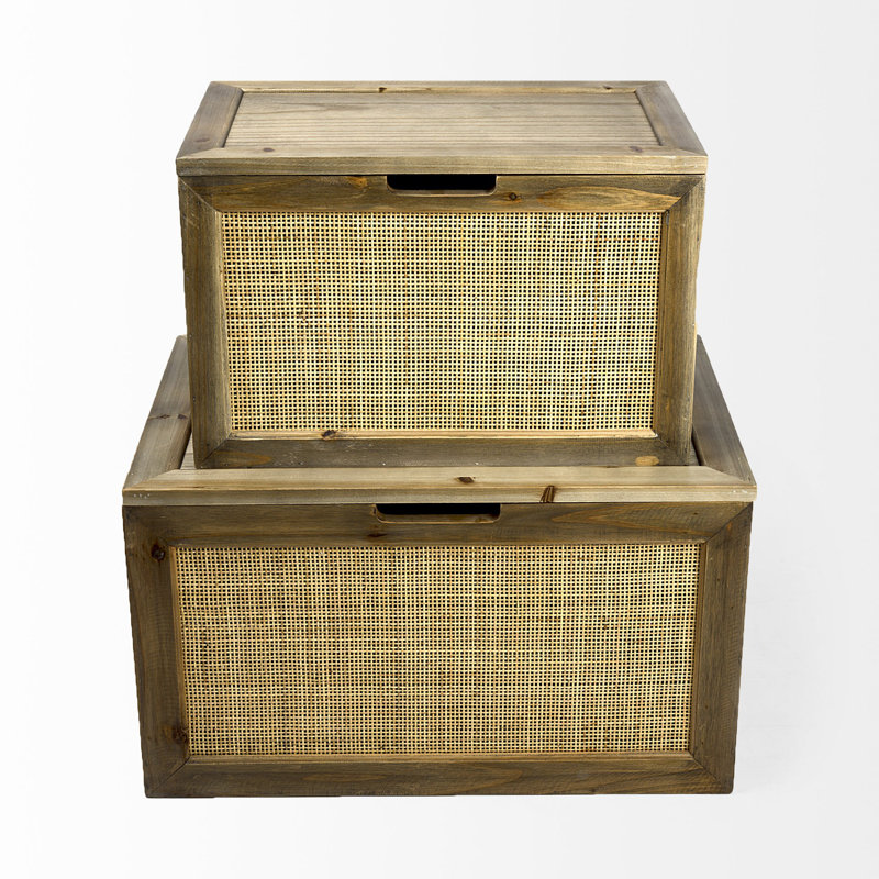 HomeRoots 2 Piece Brown and Natural Wood And Cane Storage Boxes | Wayfair
