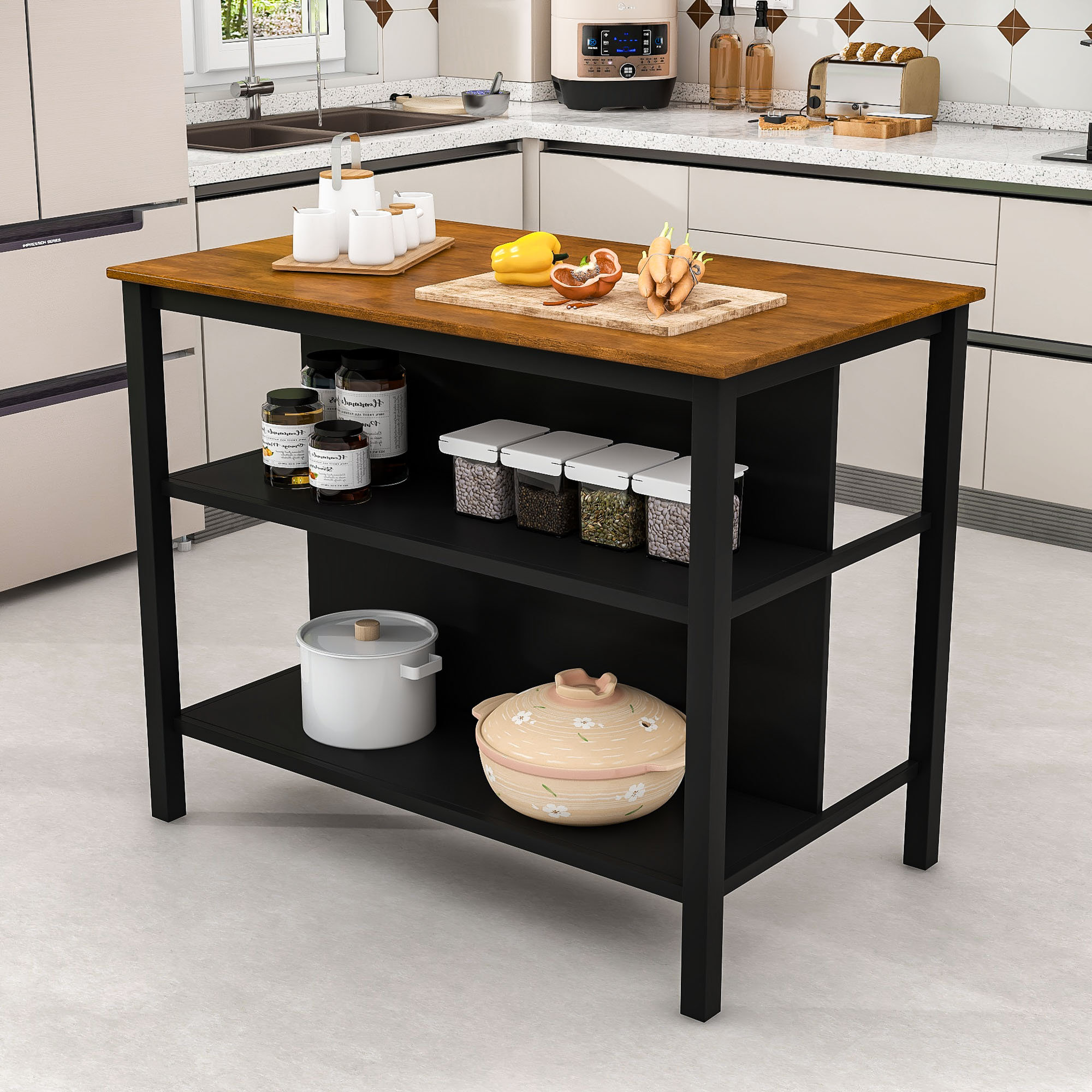 17 Stories Rustic 45" Stationary Kitchen Island, Rubberwood Butcher ...