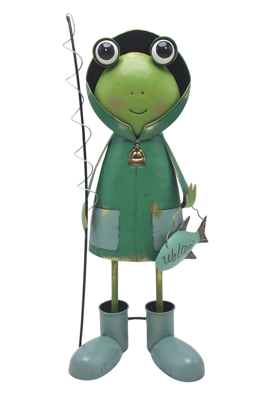 Continental Art Center Green Fishing Metal Frog Statue Outdoor Yard Art ...
