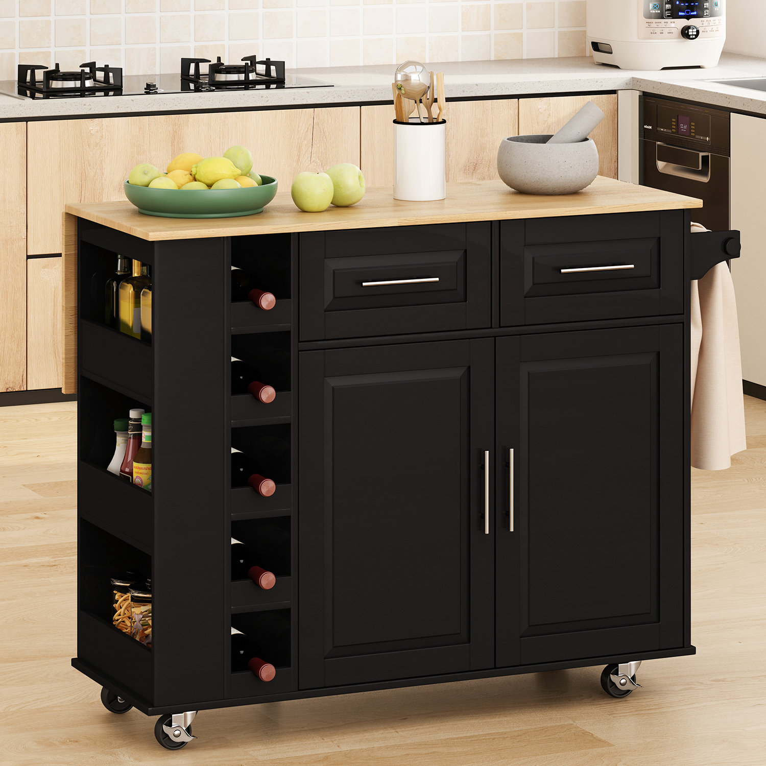 Latitude Run® Multifunctional Kitchen Island With Foldable Tabletop ...