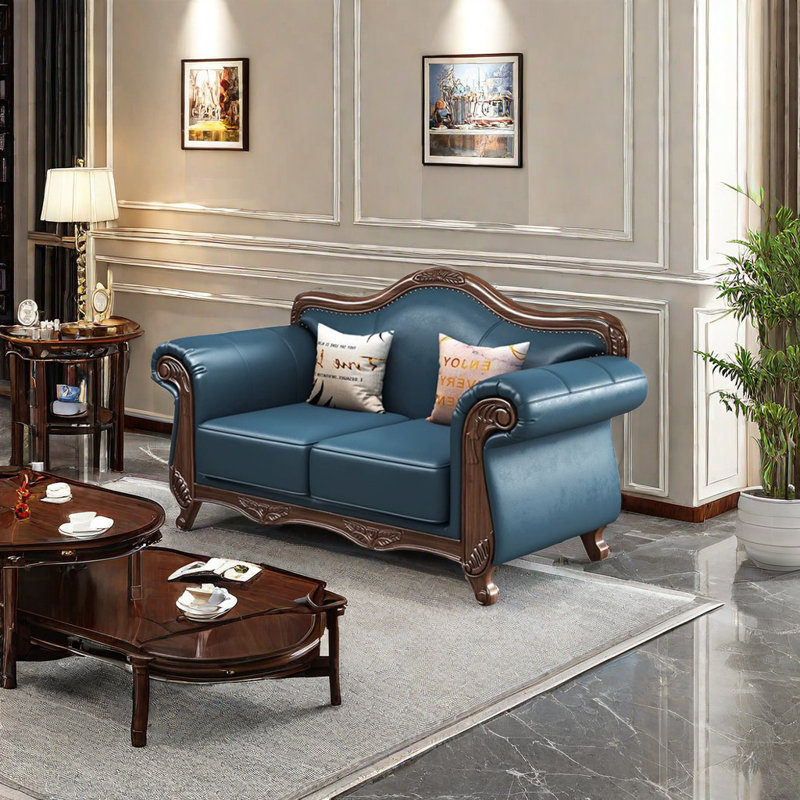 Romero American Country Retro Wood Leather Sofa 64.9'' Genuine Leather ...