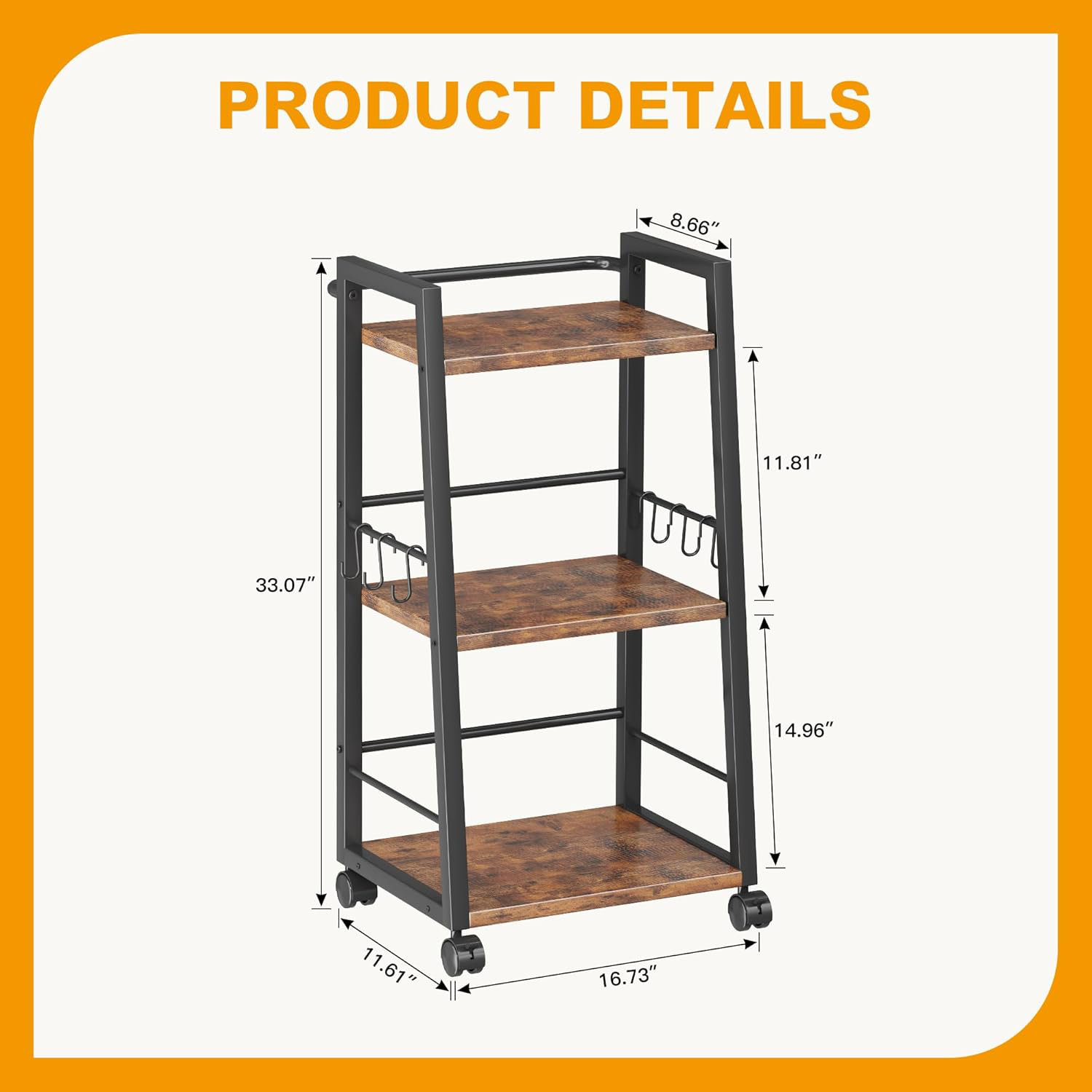 17 Stories Imogen 3 Tier Kitchen Storage Cart With Lockable Wheels & 6 ...