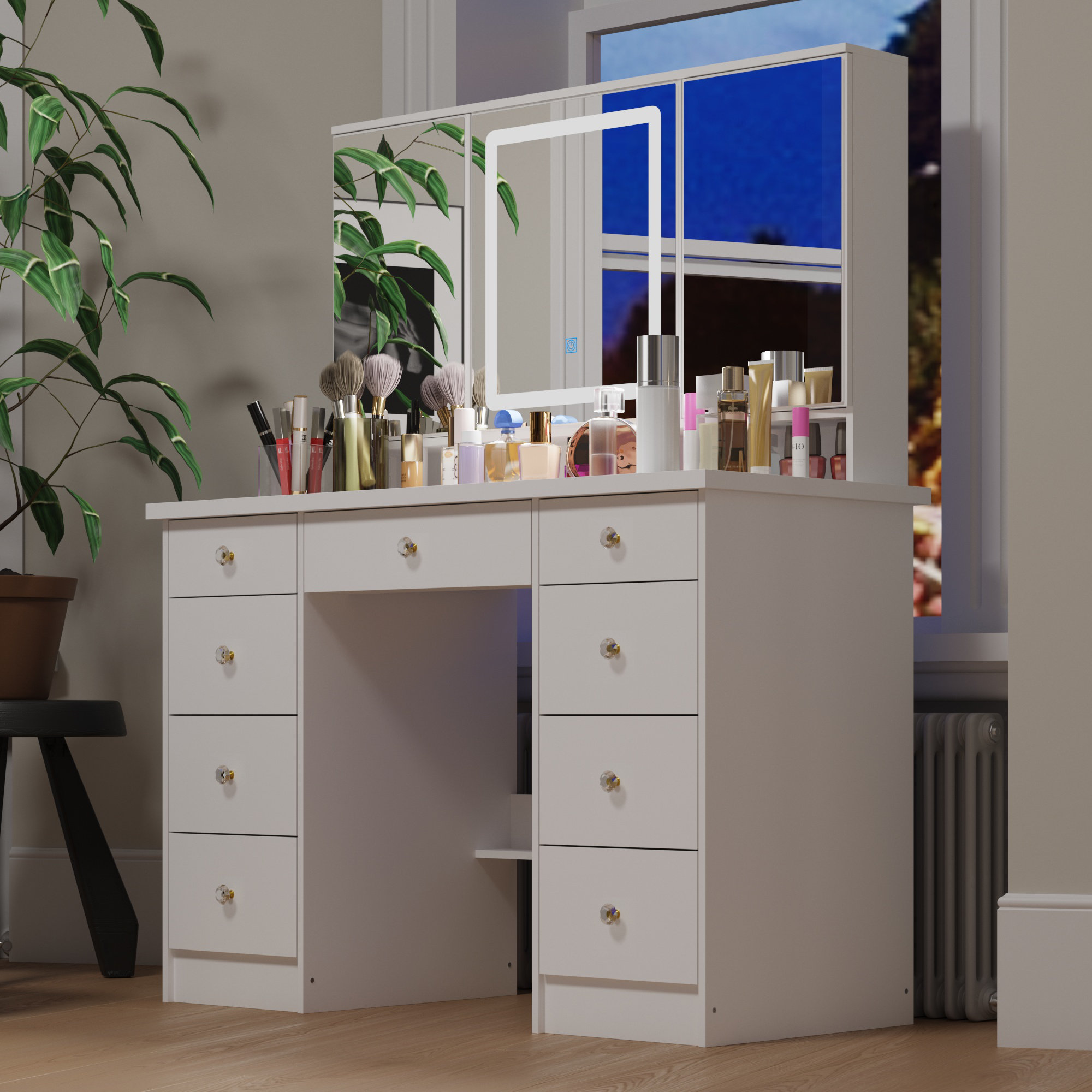 Latitude Run® Makeup Vanity Desk With Fold Mirror And Adjustable Lights ...