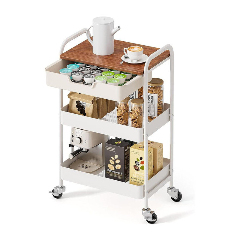 17 Stories 3-Tier Metal Utility Rolling Cart with Drawer & Wooden Table ...