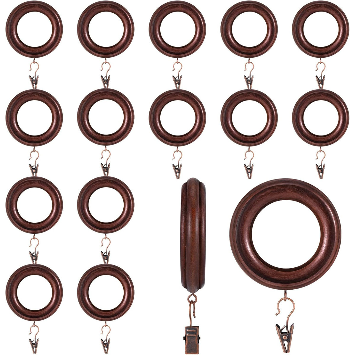 Symple Stuff 16 Pack Curtain Rod Rings Wooden With Drapery Clips 3 Inch ...
