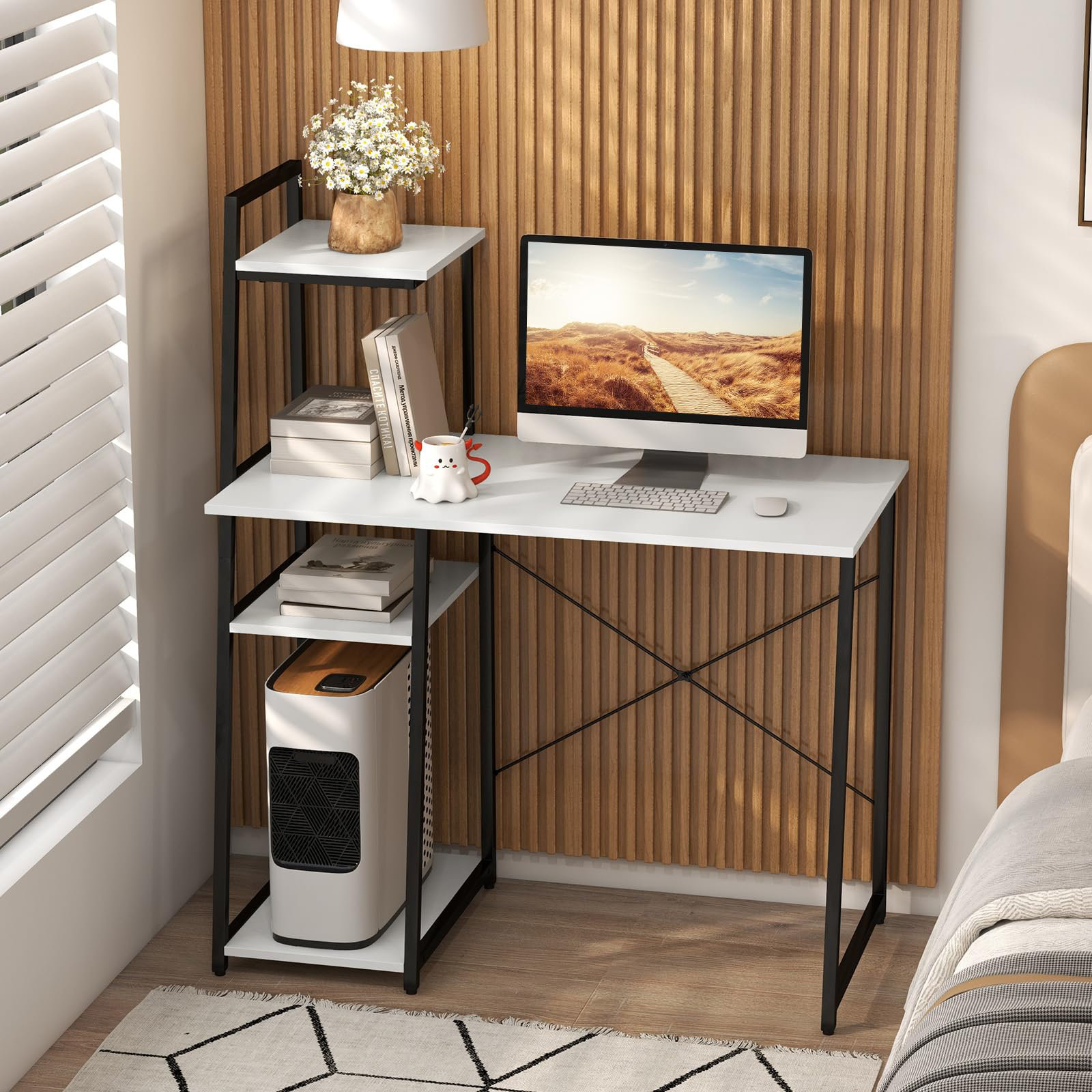 Inbox Zero Computer Desk With 4-Tier Storage Shelves, Home Office Desk ...