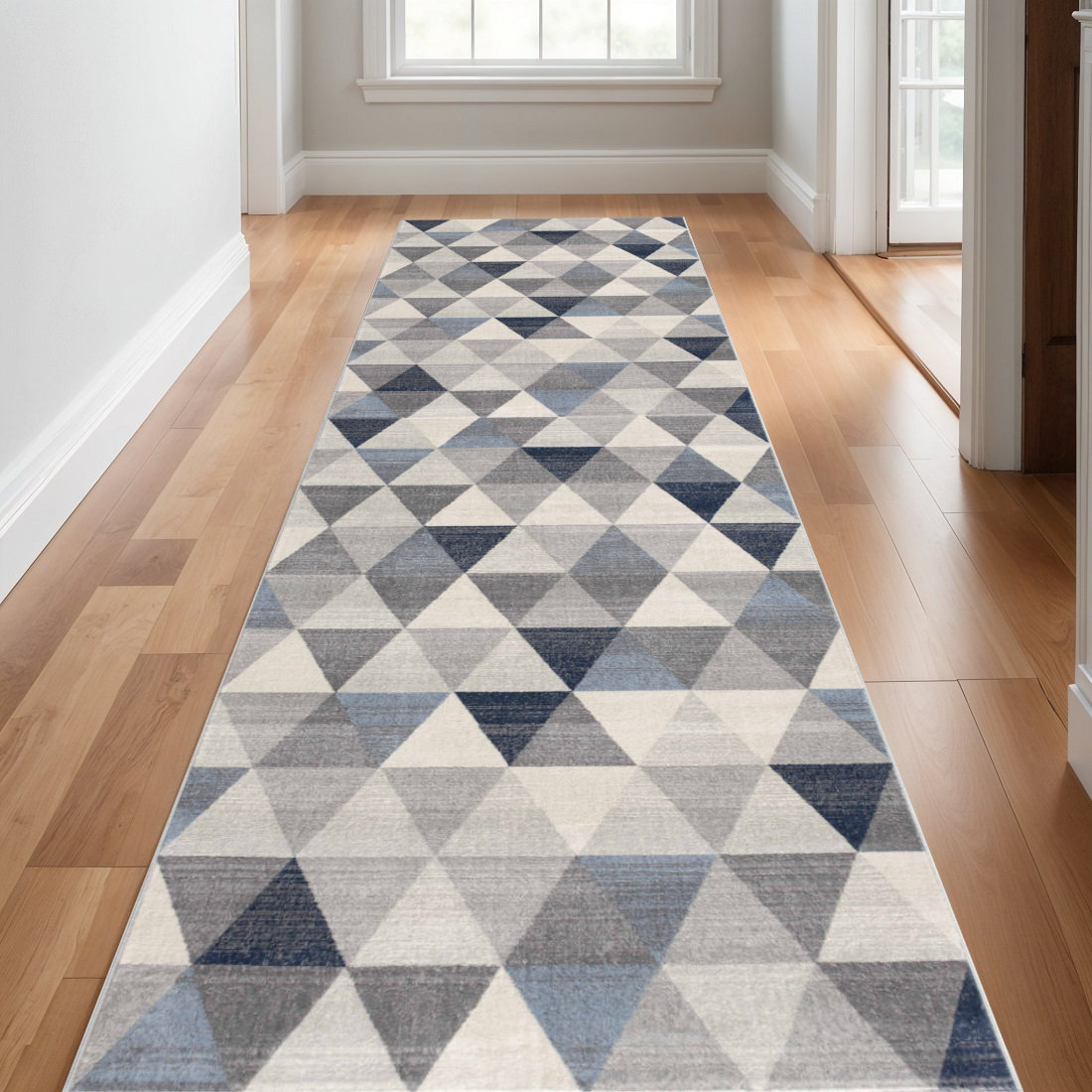 Wrought Studio™ 19' Runner Blue Beige And Gray Geometric Runner Rug ...