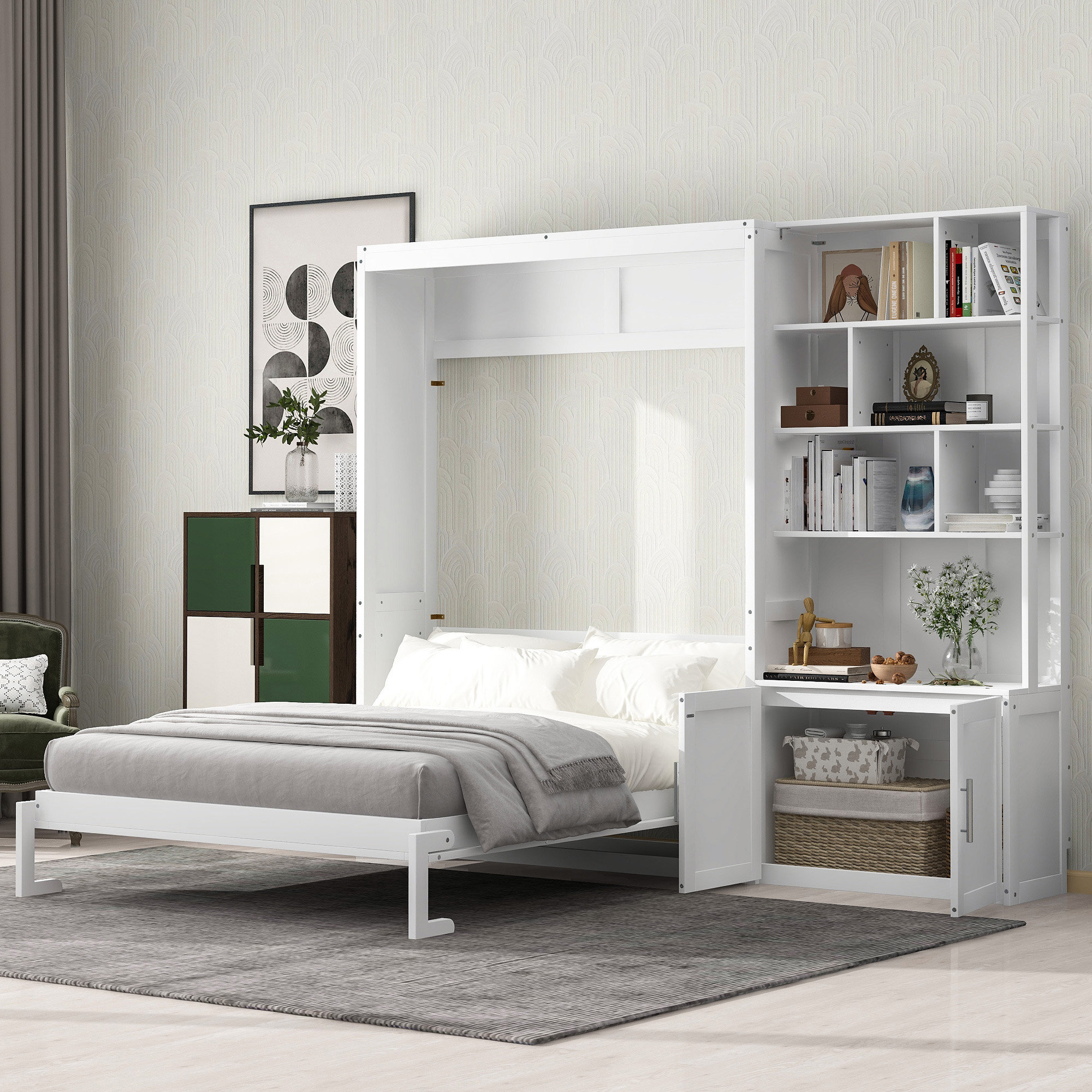 Hokku Designs Full Size Murphy Bed With Multiple Storage Shelves And A ...