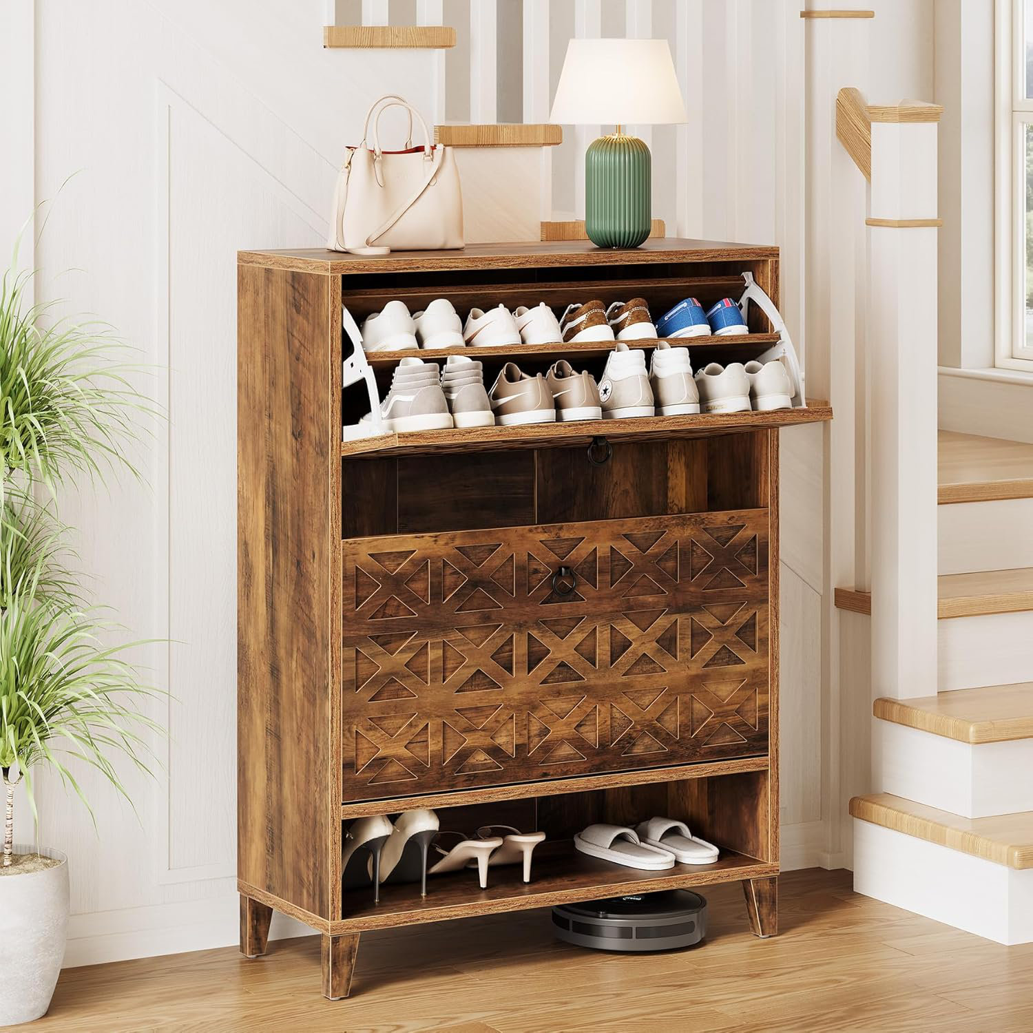 Millwood Pines Shoe Cabinet With 2 Flip Drawers & Open Shelf, Brown ...