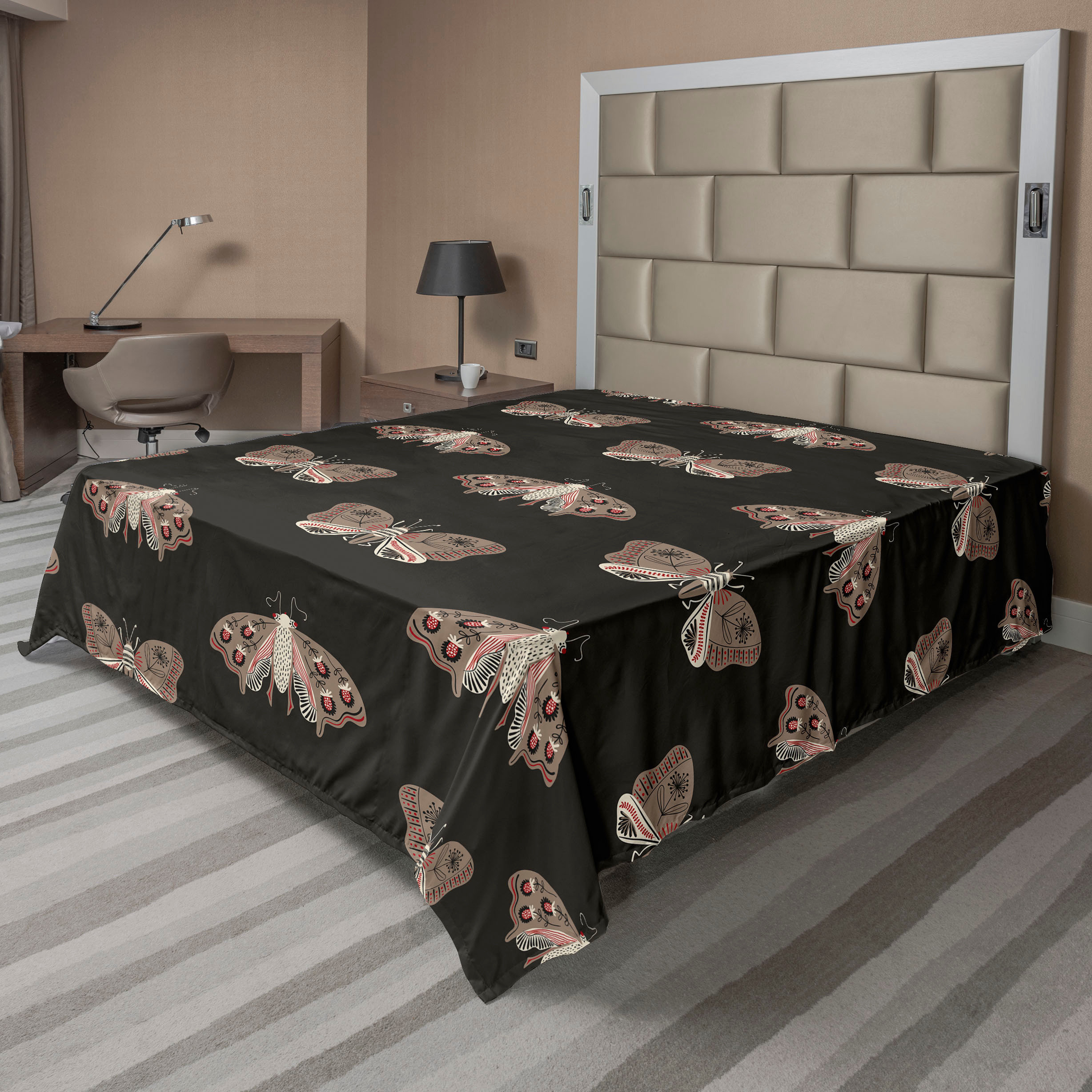 Ambesonne Bohemian Flat Sheet American Traditional Moth Cocoa Charcoal ...