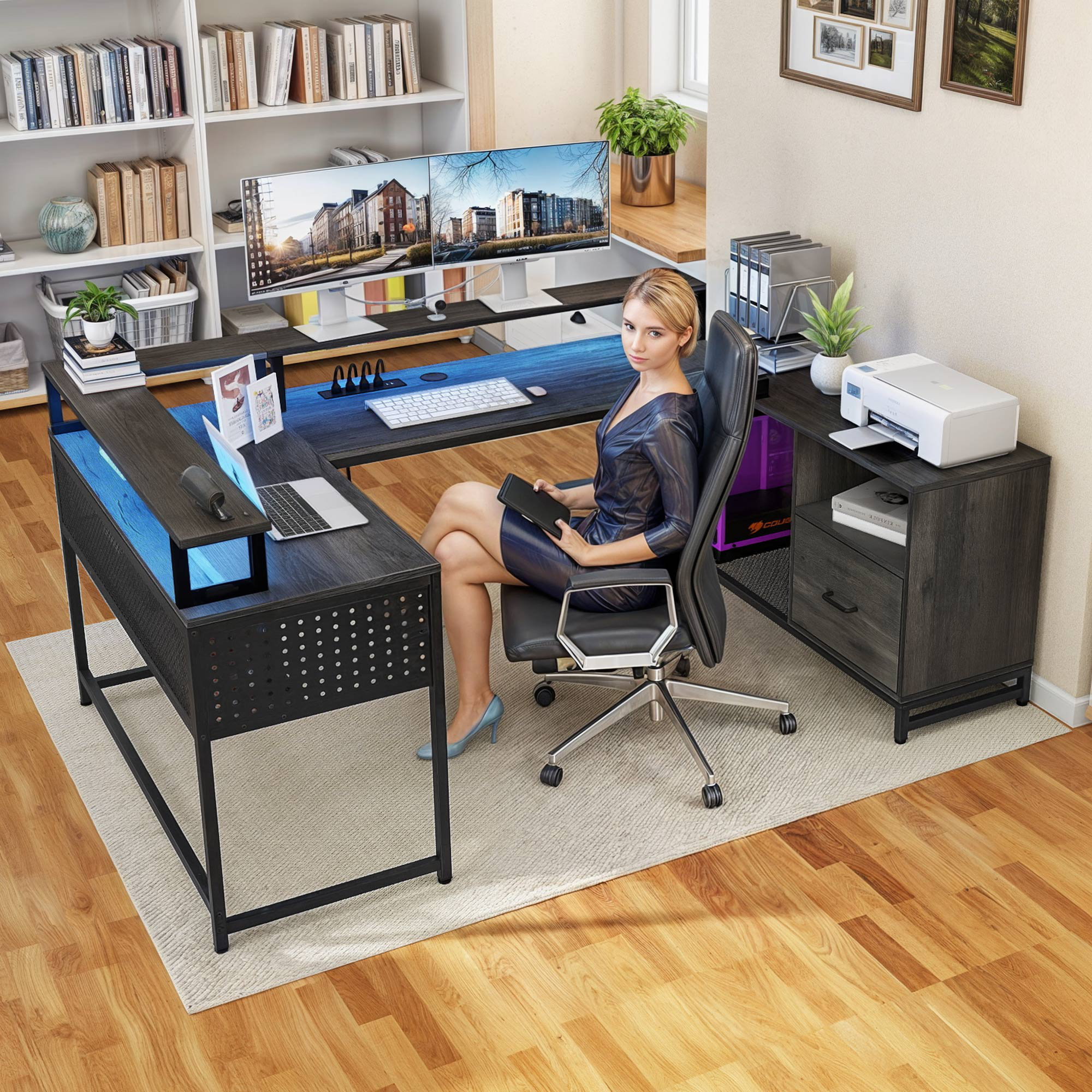 The Twillery Co. Waterbury U-Shaped Computer Desk with Power Outlets ...