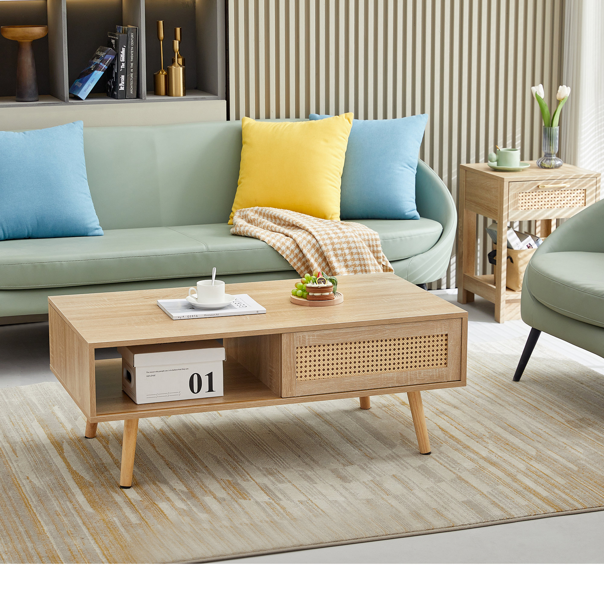 George Oliver Modern PE Rattan Coffee Table with Sliding Door Storage ...