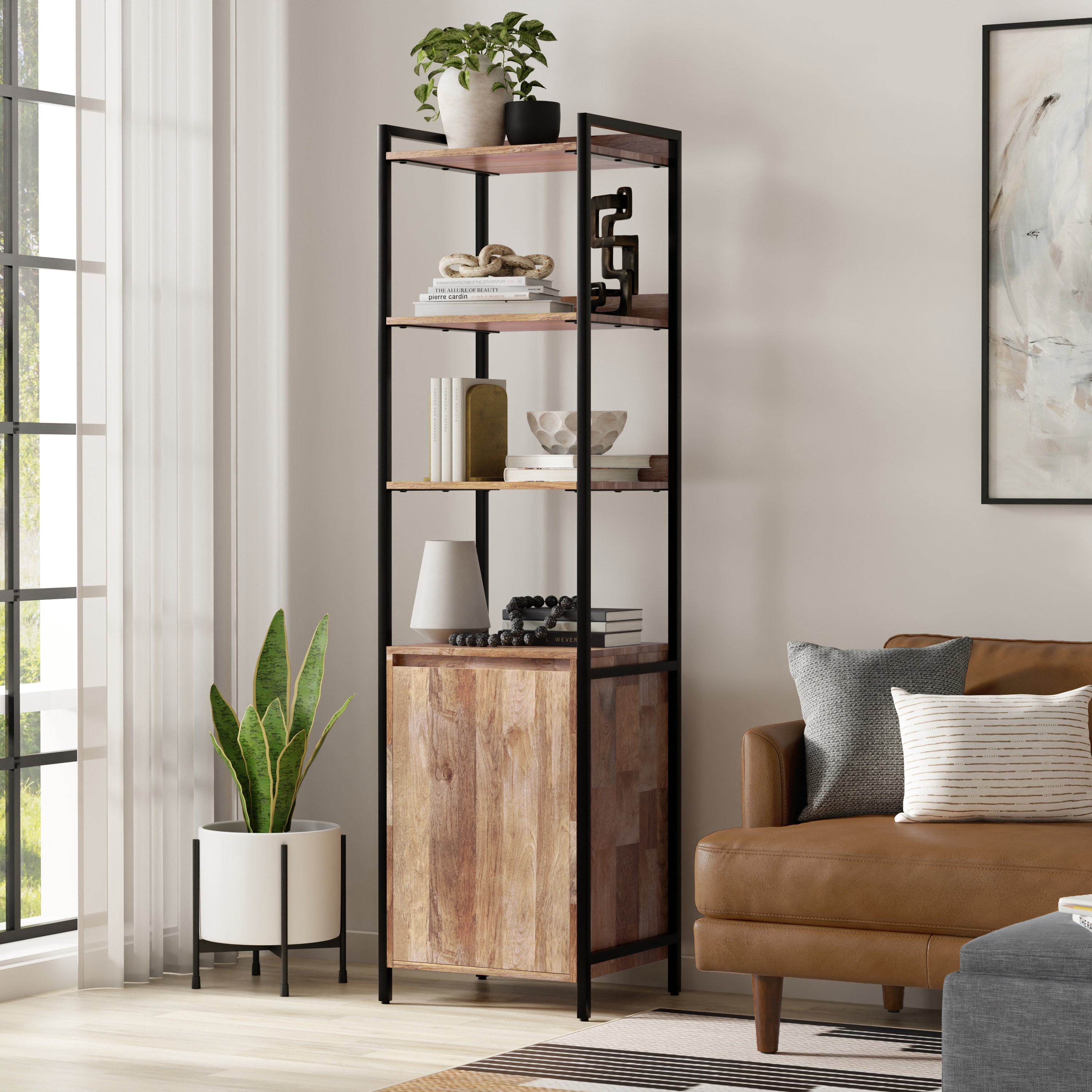 Simpli Home Kelsey Solid Mango Wood 4 Shelf Modern Industrial Bookcase ...