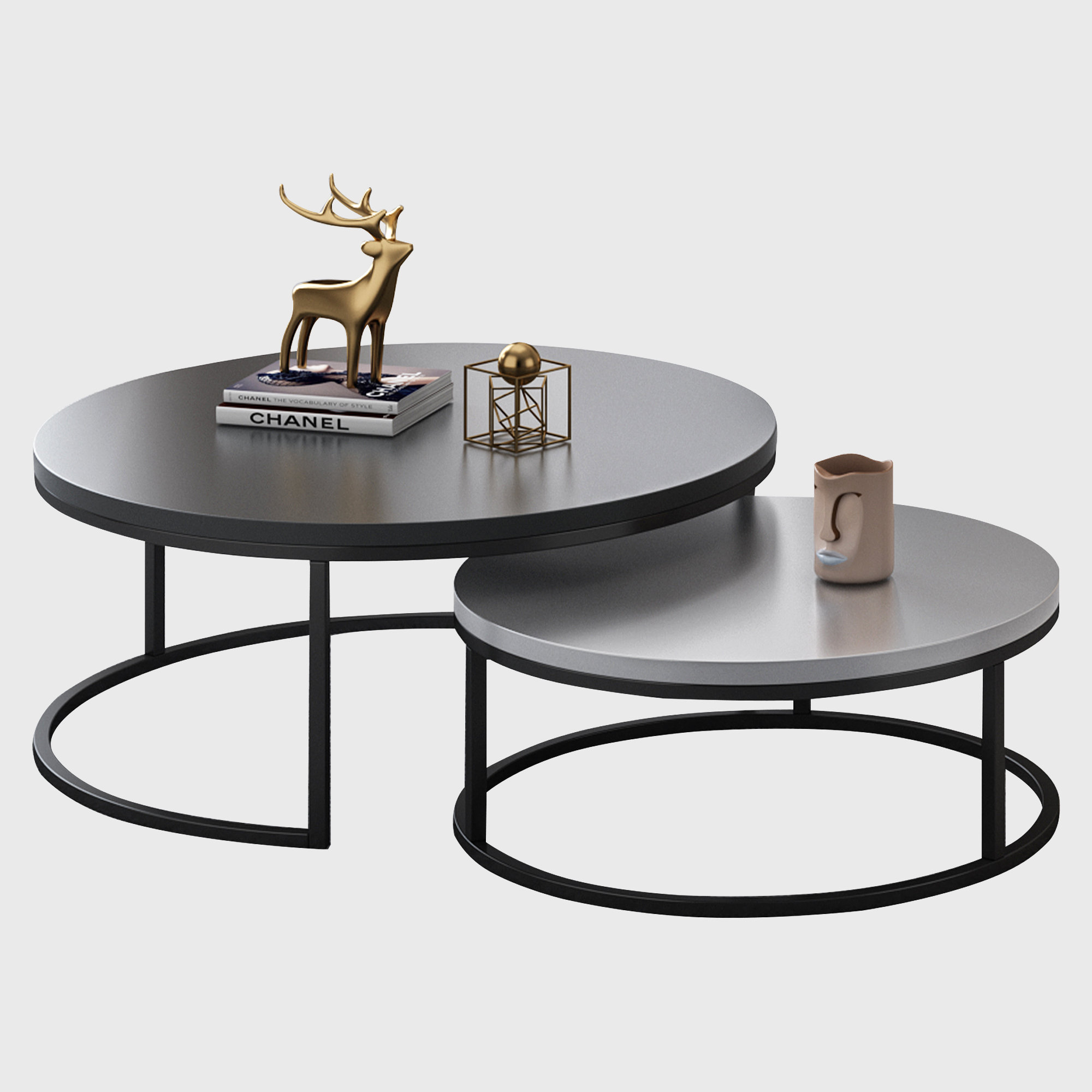Luck Live Banvra 2-piece Round Nesting Tables Modern Wood Gray & Black ...