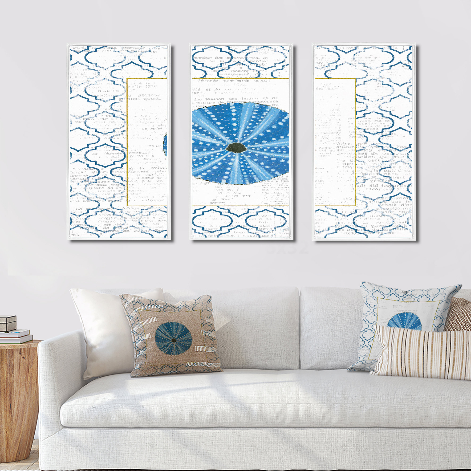 Design Art Blue Conch Shell On Blue Coastal Pattern - Nautical ...