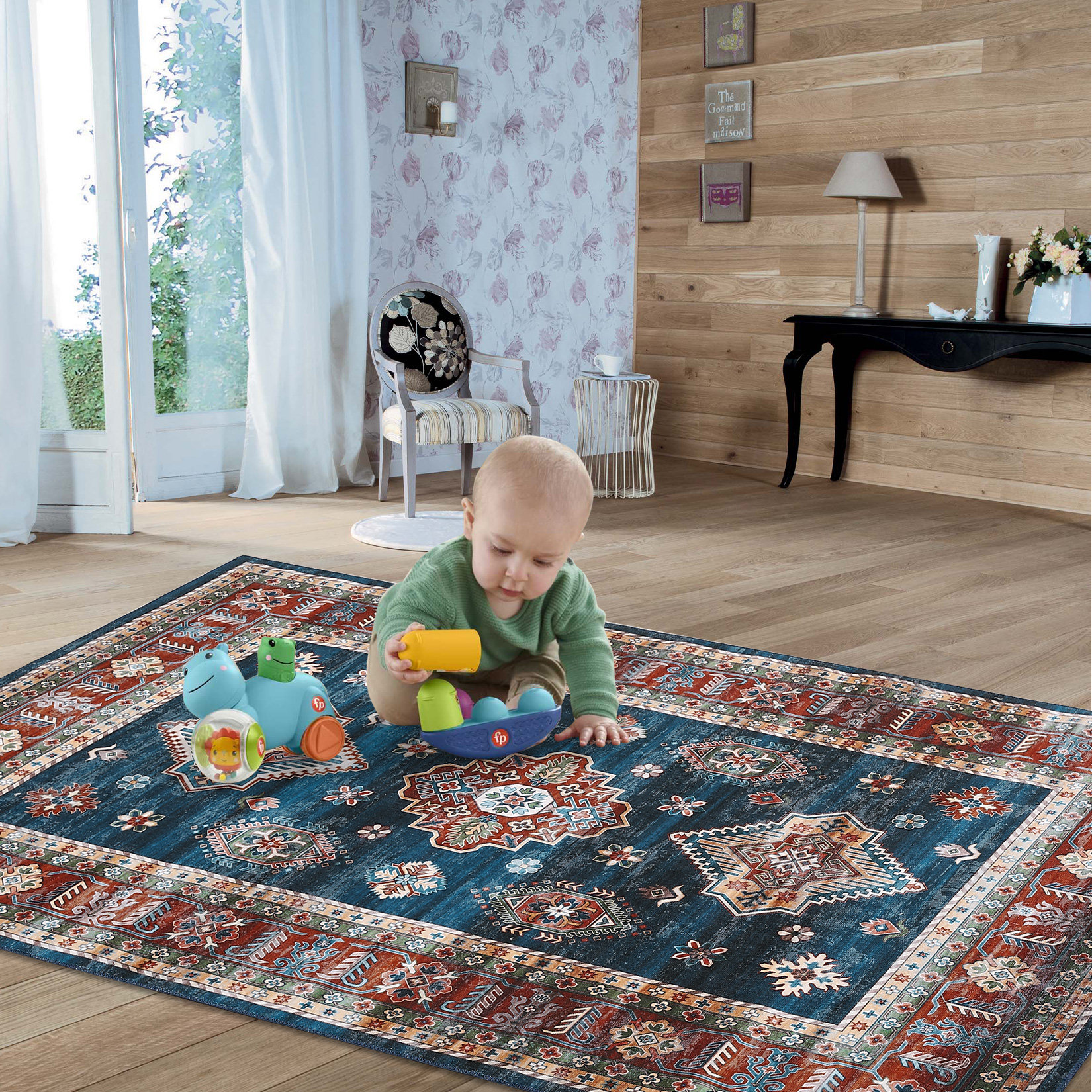 Bungalow Rose Senuka Oriental Machine Woven Polyester Area Rug in Blue ...