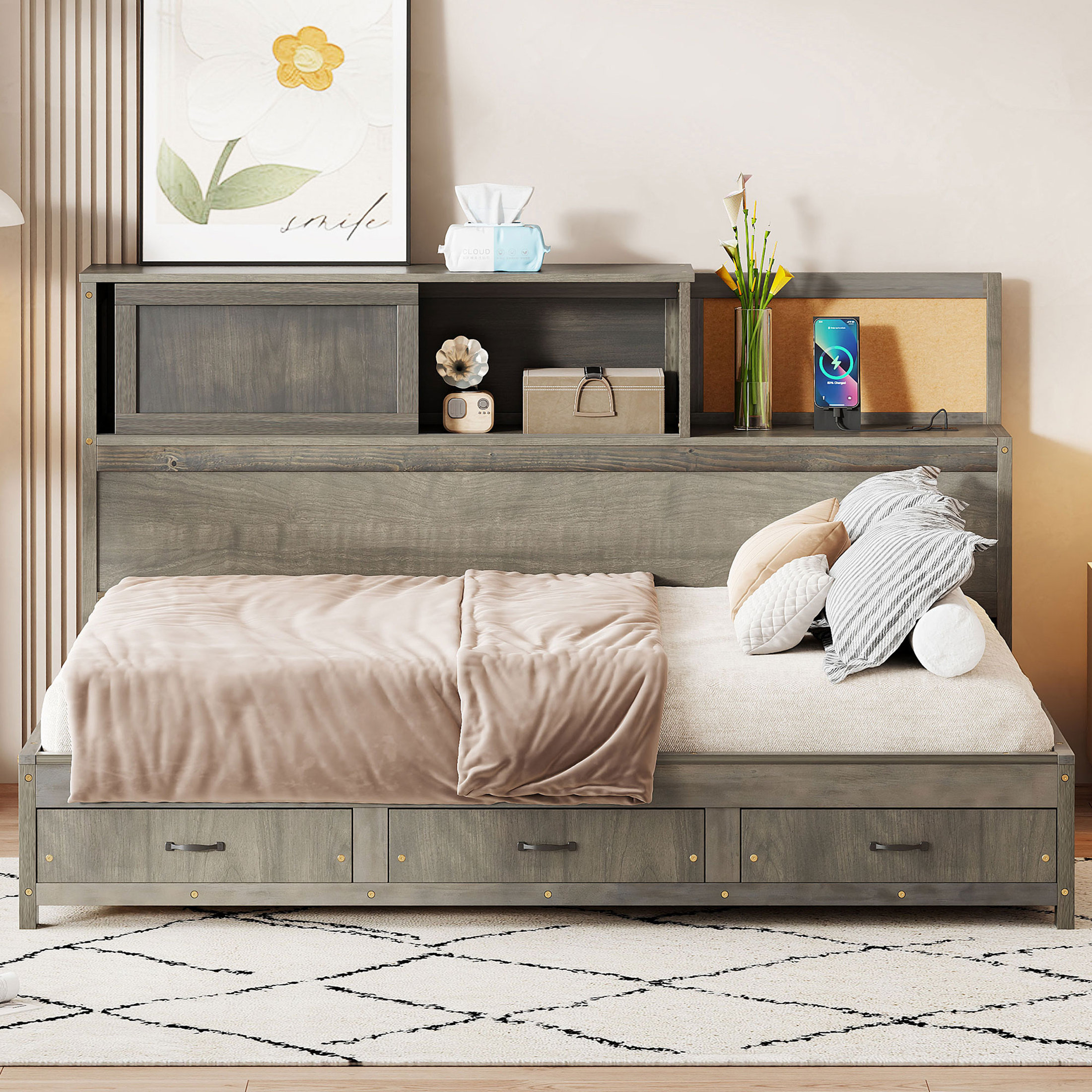 One Allium Way Full Size Wooden Daybed with 3 Storage Drawers, Plush ...
