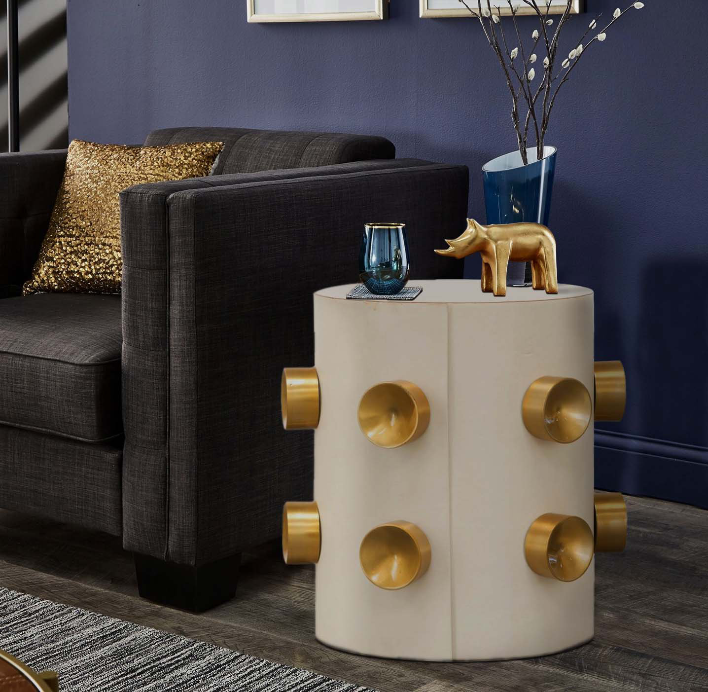 Design Gallerie Kinnette Round Solid Wood Cream End Table with Golden ...