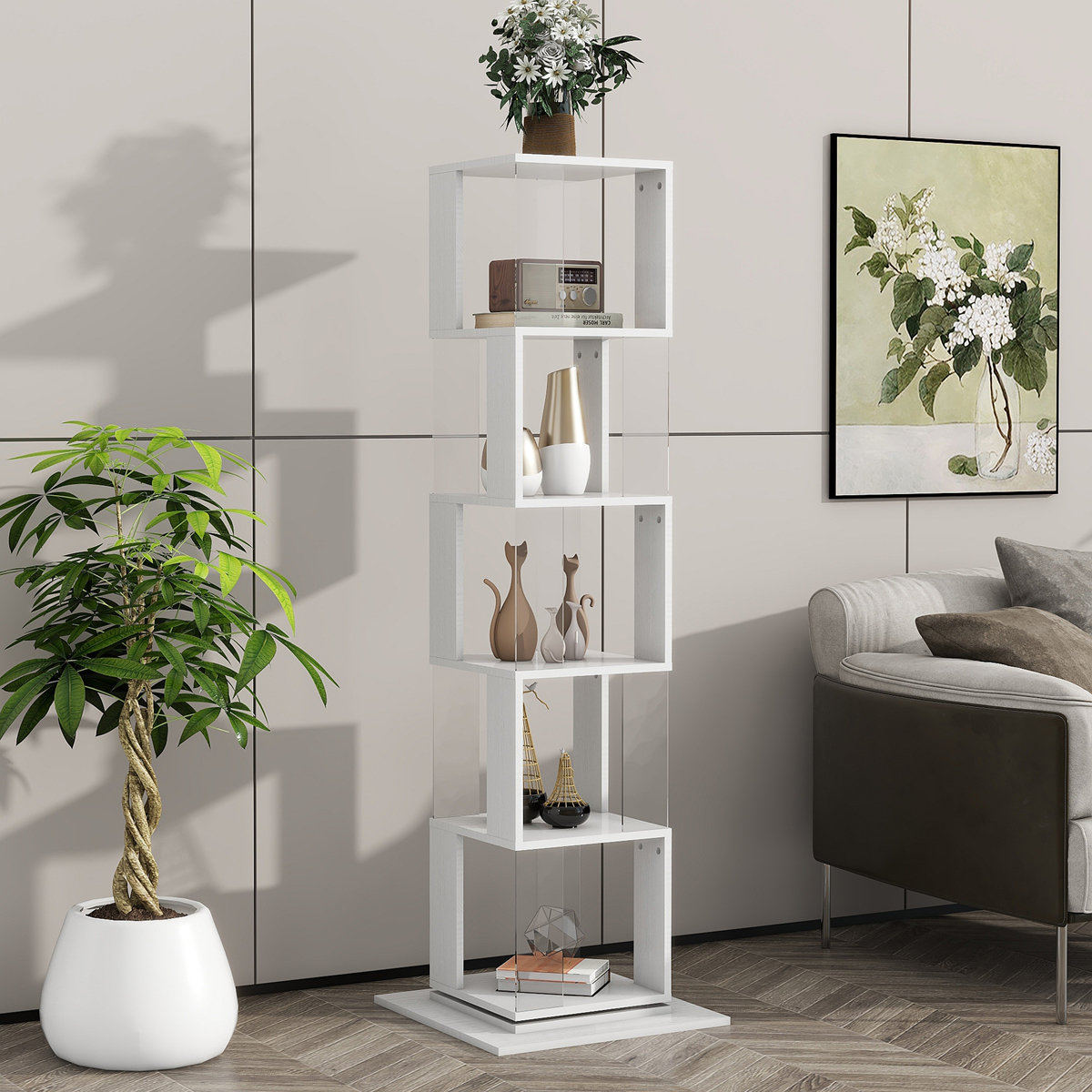 Latitude Run® 5 Tier Rotating Bookshelf, Floor Rack Simple Bookcase With Multi-Function Creative ...