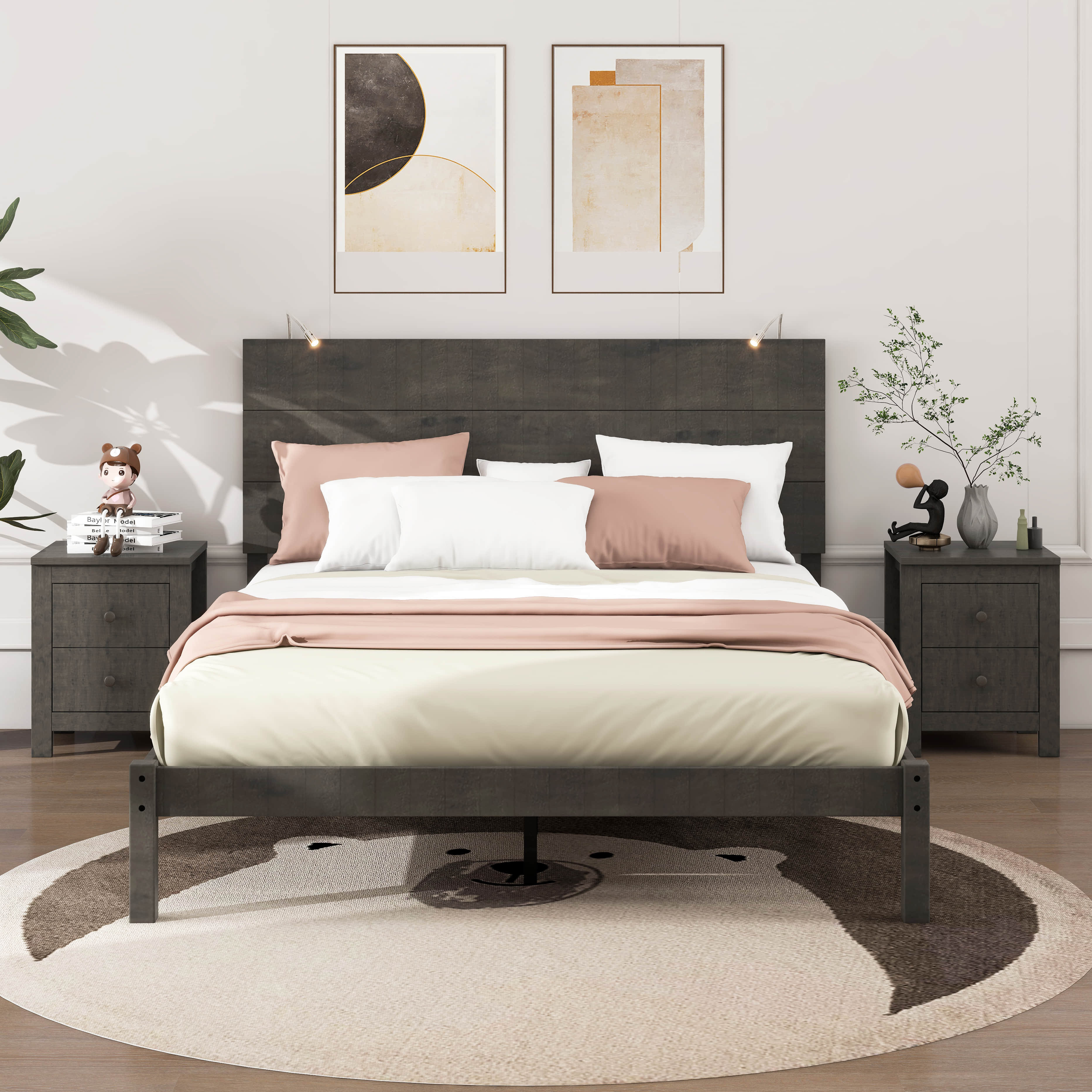 Millwood Pines Farmhouse Platform Bed With Two Bedside Lights, 2-Drawer ...