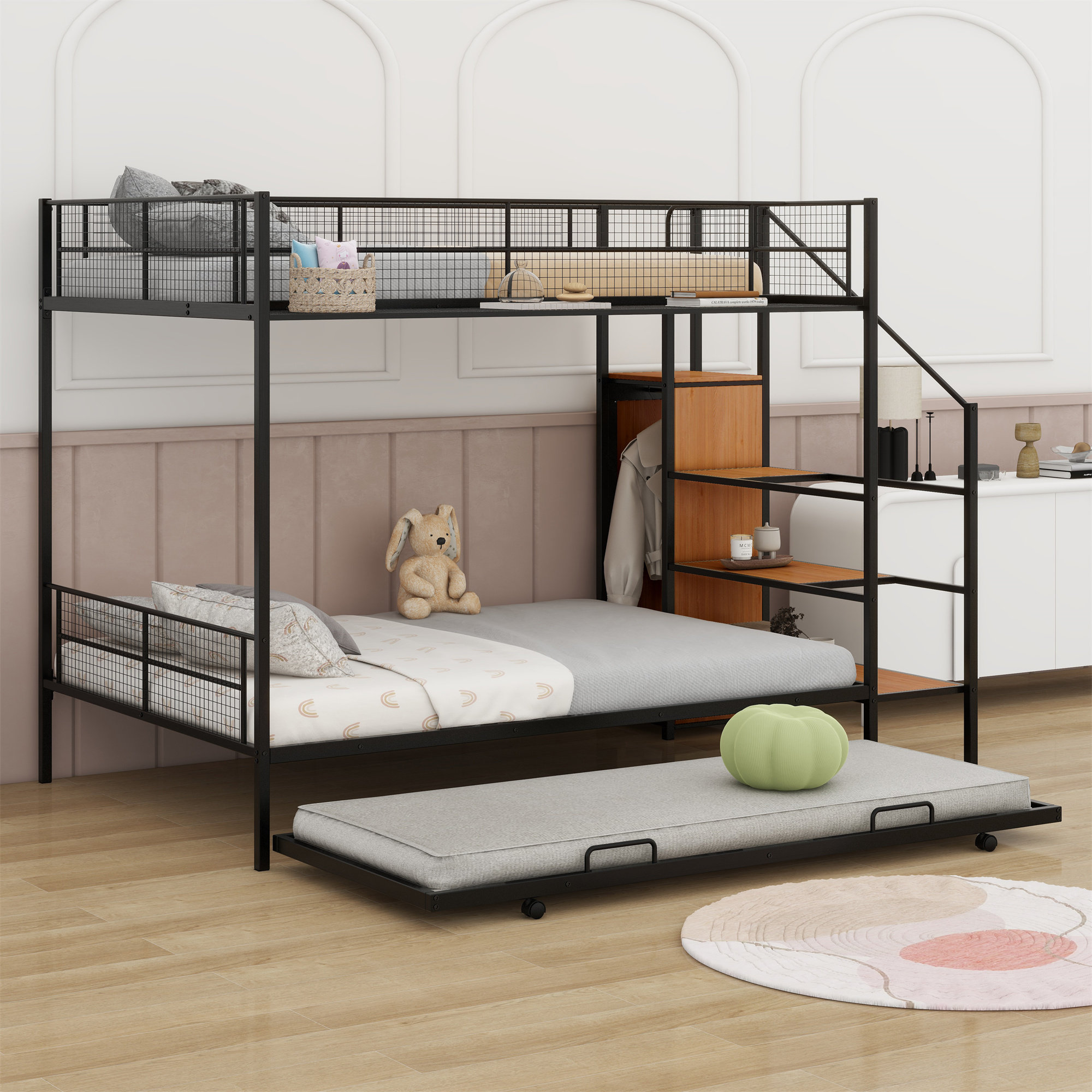 Mason & Marbles Metal Bunk Bed With Trundle And Lateral Storage Ladder ...