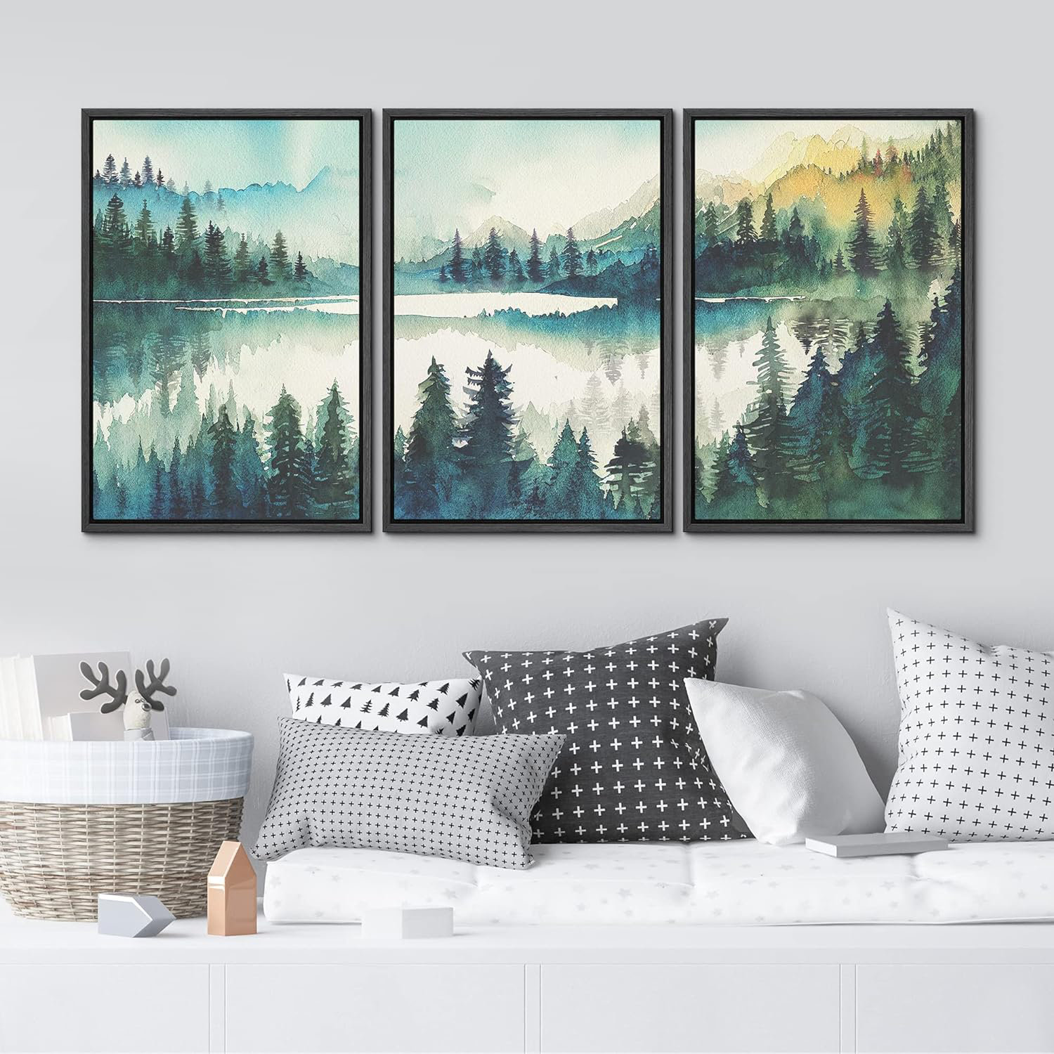 IDEA4WALL Woodland Forest Landscape Watercolor Teal Emerald Green ...
