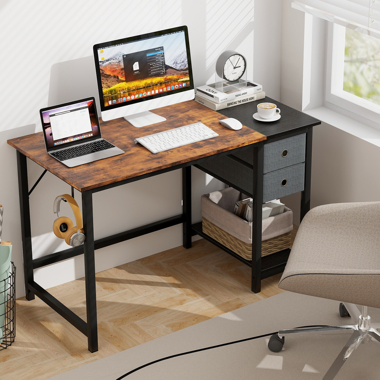 17 Stories 55-inch Home Office Desk Modern Computer Workstation With 2 ...