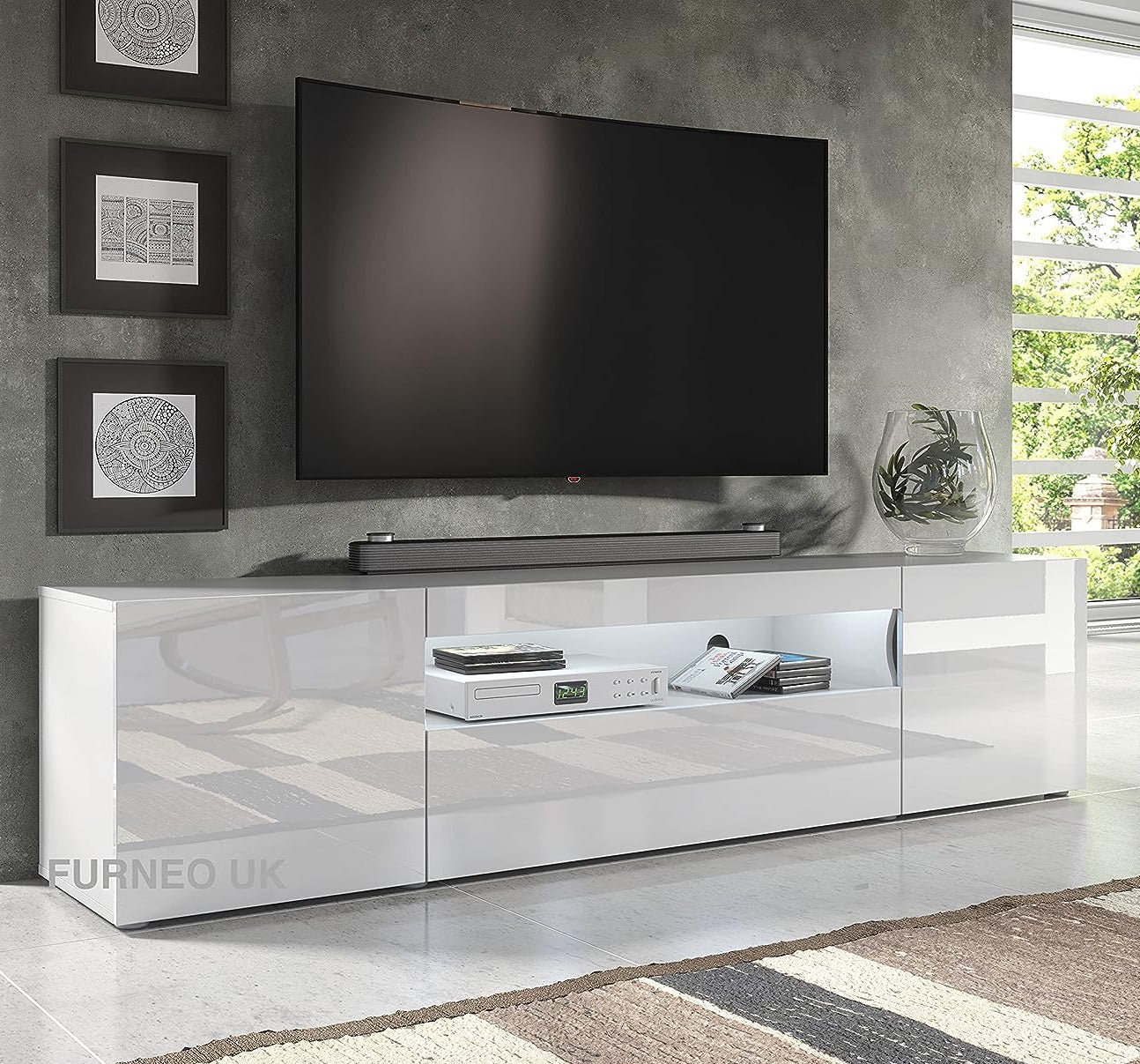 Calendra White TV Stand for TVs up to 75in with White LED Lights