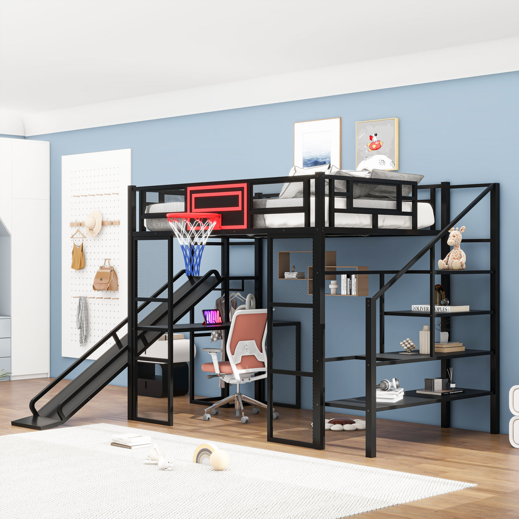 Isabelle & Max™ Full Loft Bed With Built-In Desk, Basketball Hoop ...