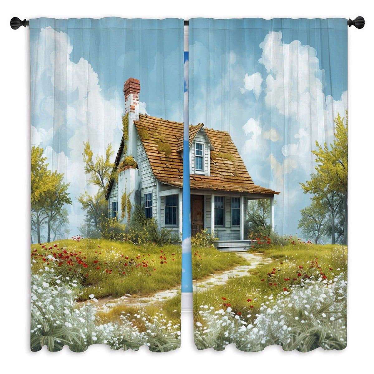 East Urban Home Countryside House Window Curtains Scenery Peaceful ...