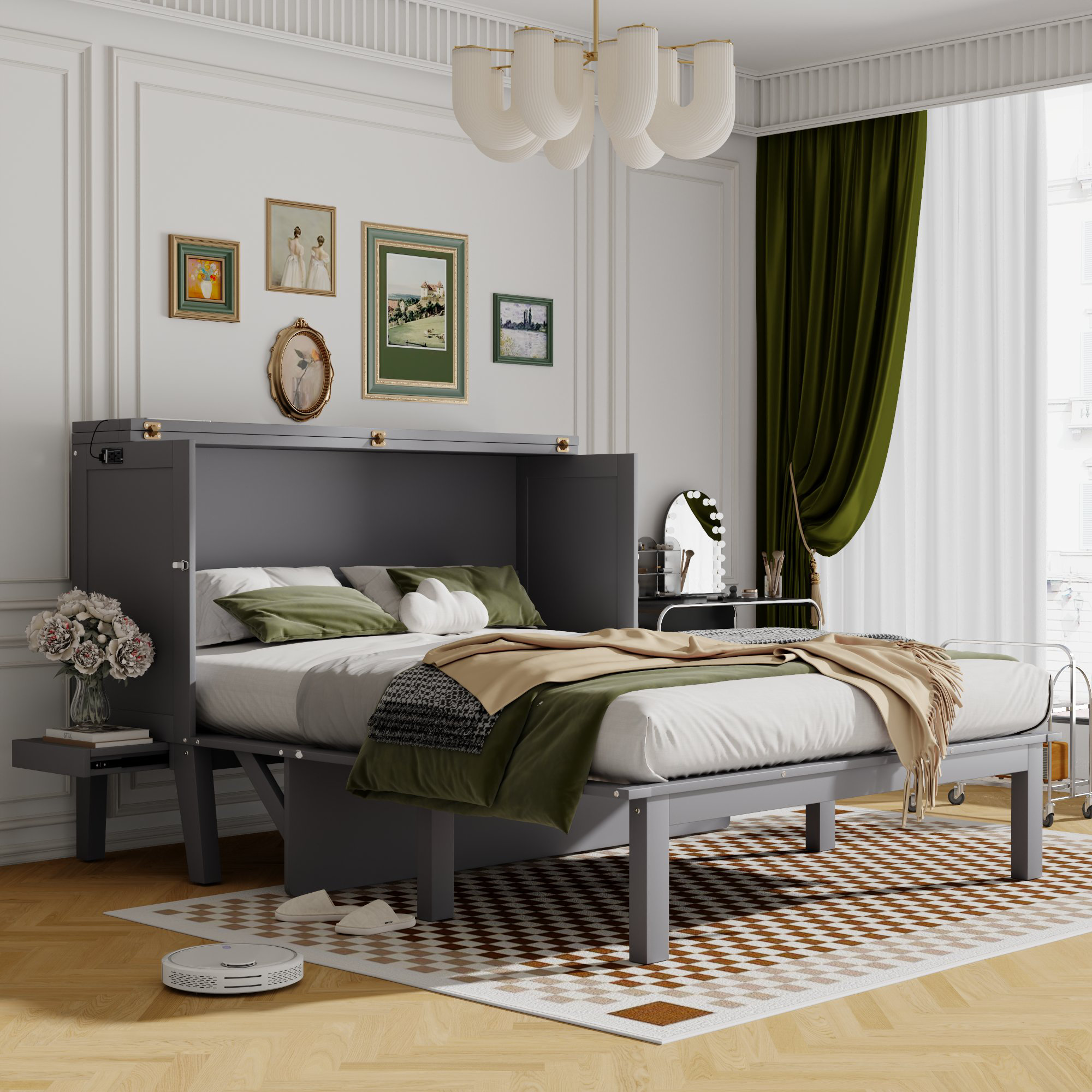 Red Barrel Studio Murphy Bed with Legs and 2 Removable Shelves and USB ...