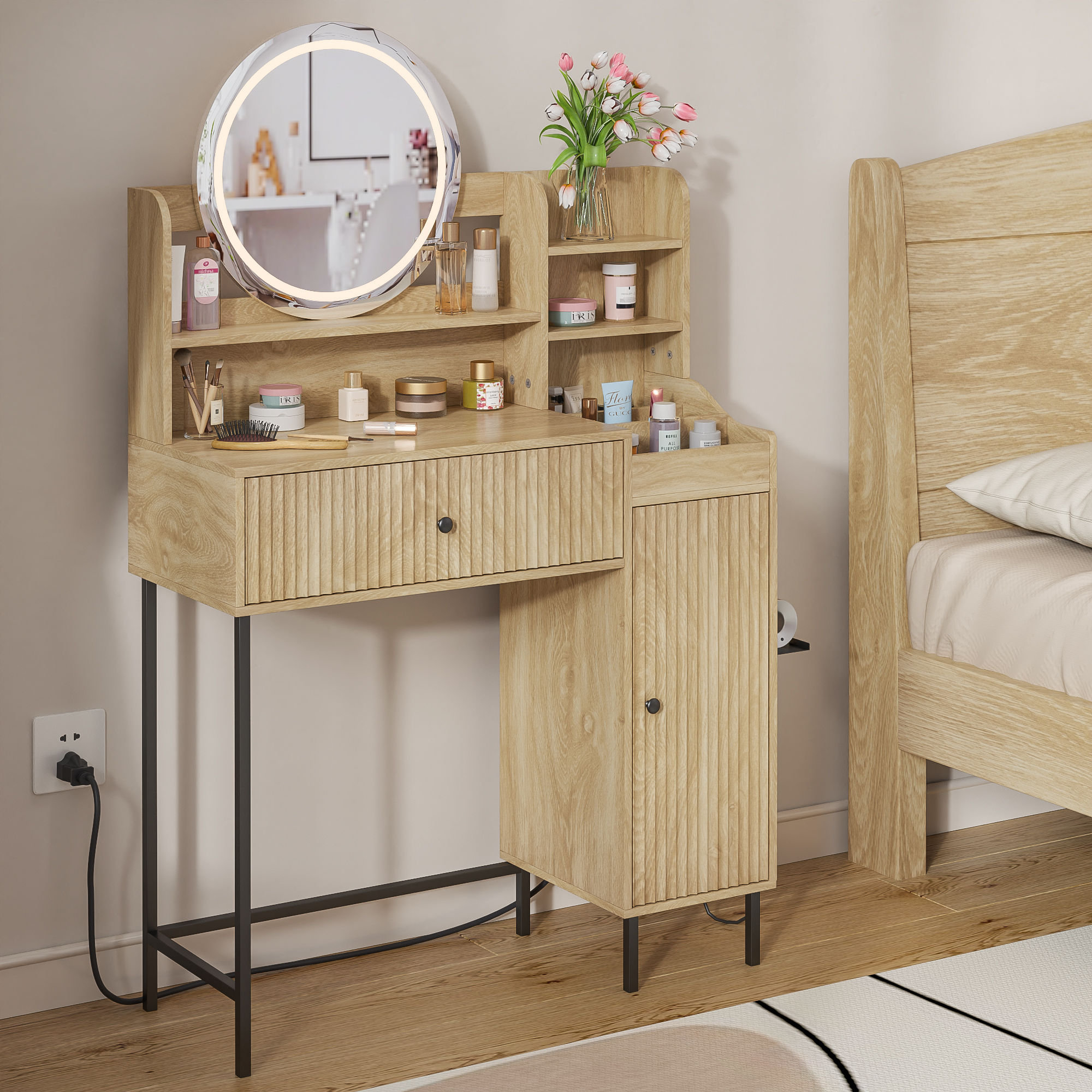 Ivy Bronx Reseta Makeup Vanity Desk with LED Light Mirror, Drawer, USB ...