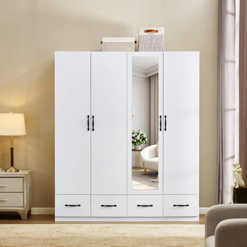 Latitude Run® Garian Mirrored Wood Wardrobe Armoire 4 Door & 4 Drawers ...