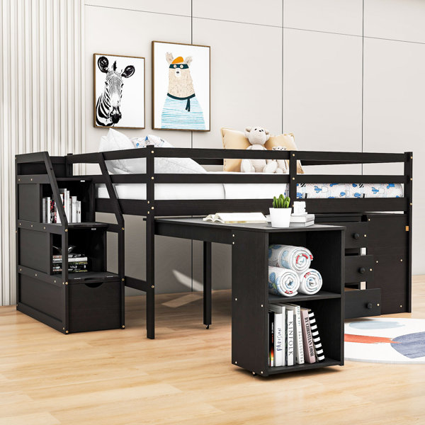 Harriet Bee Longmeadow Wood 3 Drawers Loft Bed with Retractable Desk ...