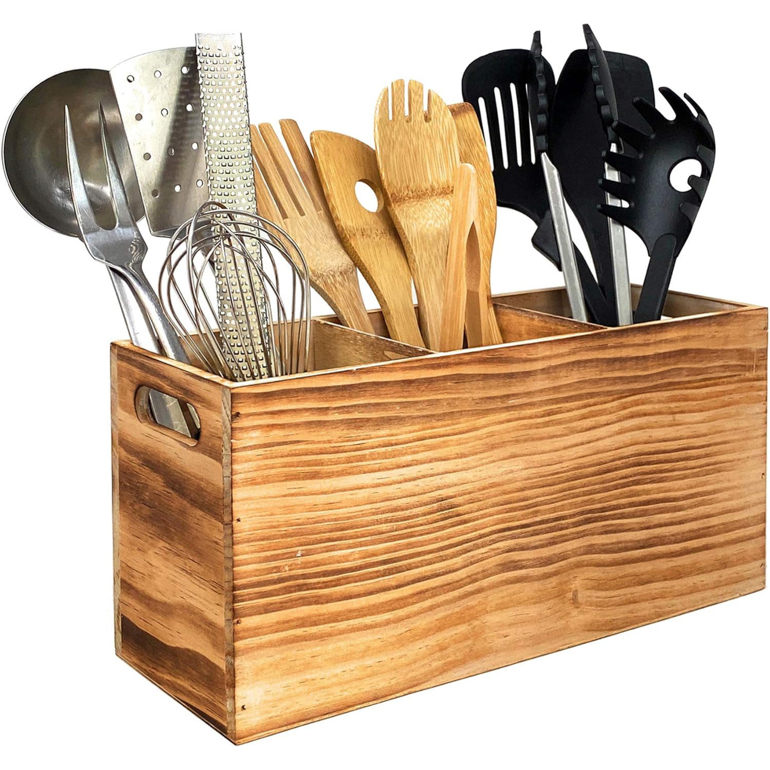 One Allium Way® Wood Utensil Holder For Kitchen Counter - 3 Compartment ...