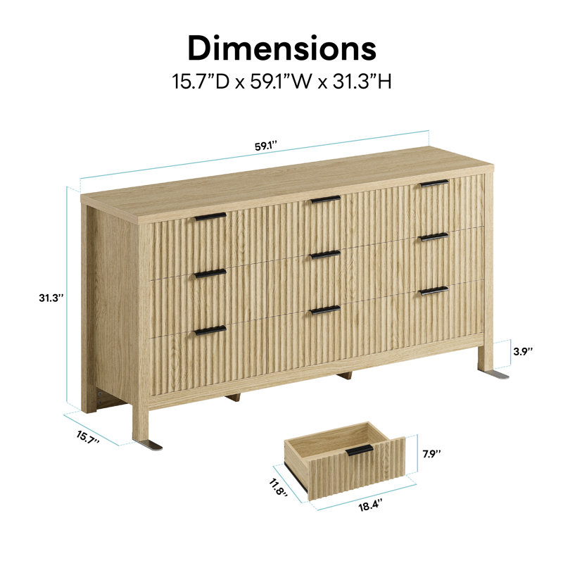 Latitude Run® Fluted 9 Drawers Dresser For Bedroom, Modern Chest Of ...