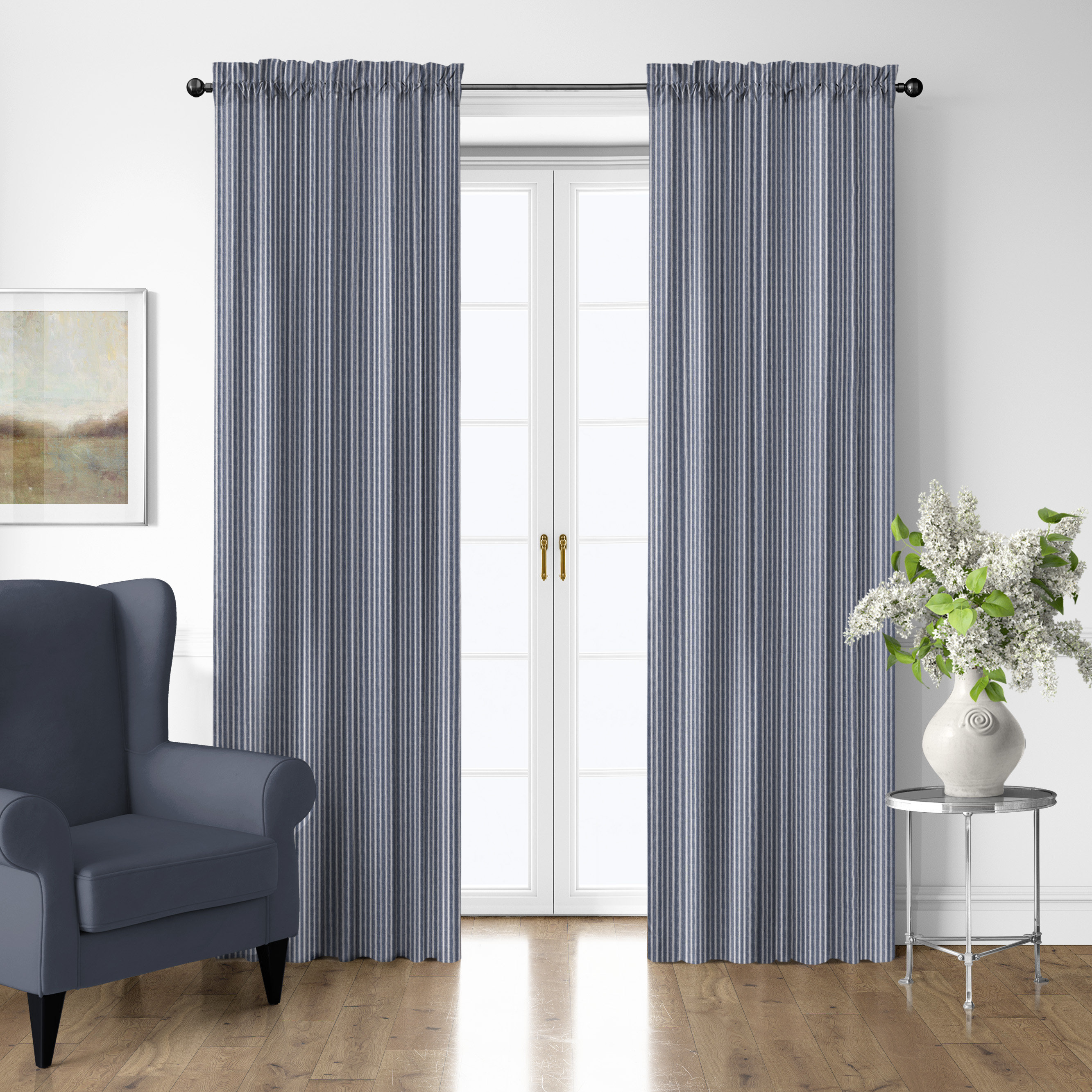 6ix Tailors Fine Linens Walker Ticking Stripe Indigo/White Cotton Rod ...