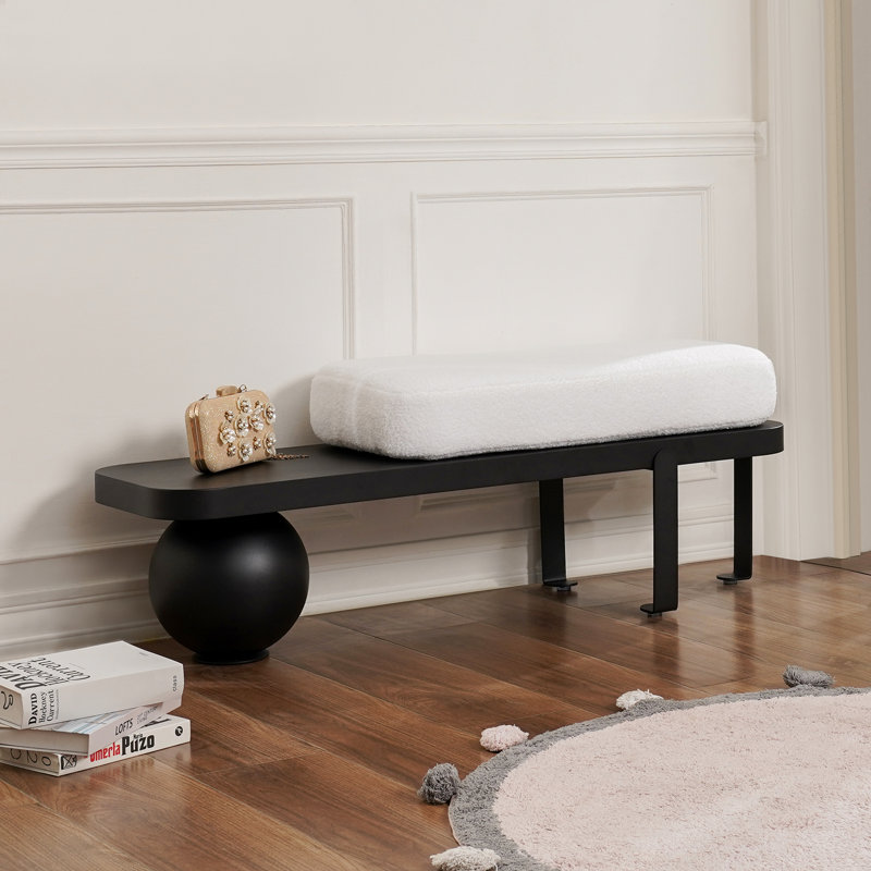 Everly Quinn Wooden Entryway Bench Boucle Upholstered with Abstract ...