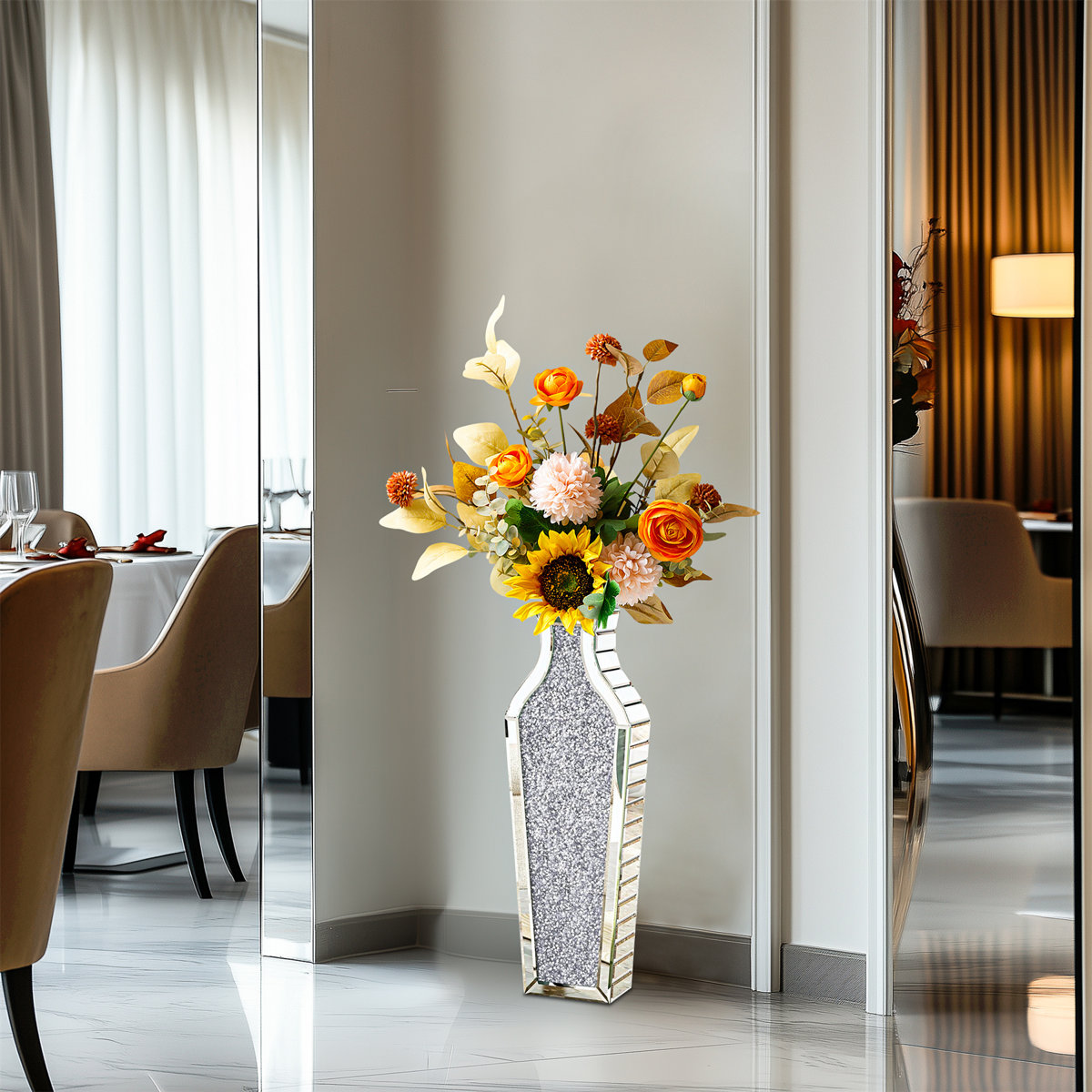 Mercer41 Heavy Duty Tall Crushed Diamond Mirrored Floor Vase Crystal ...